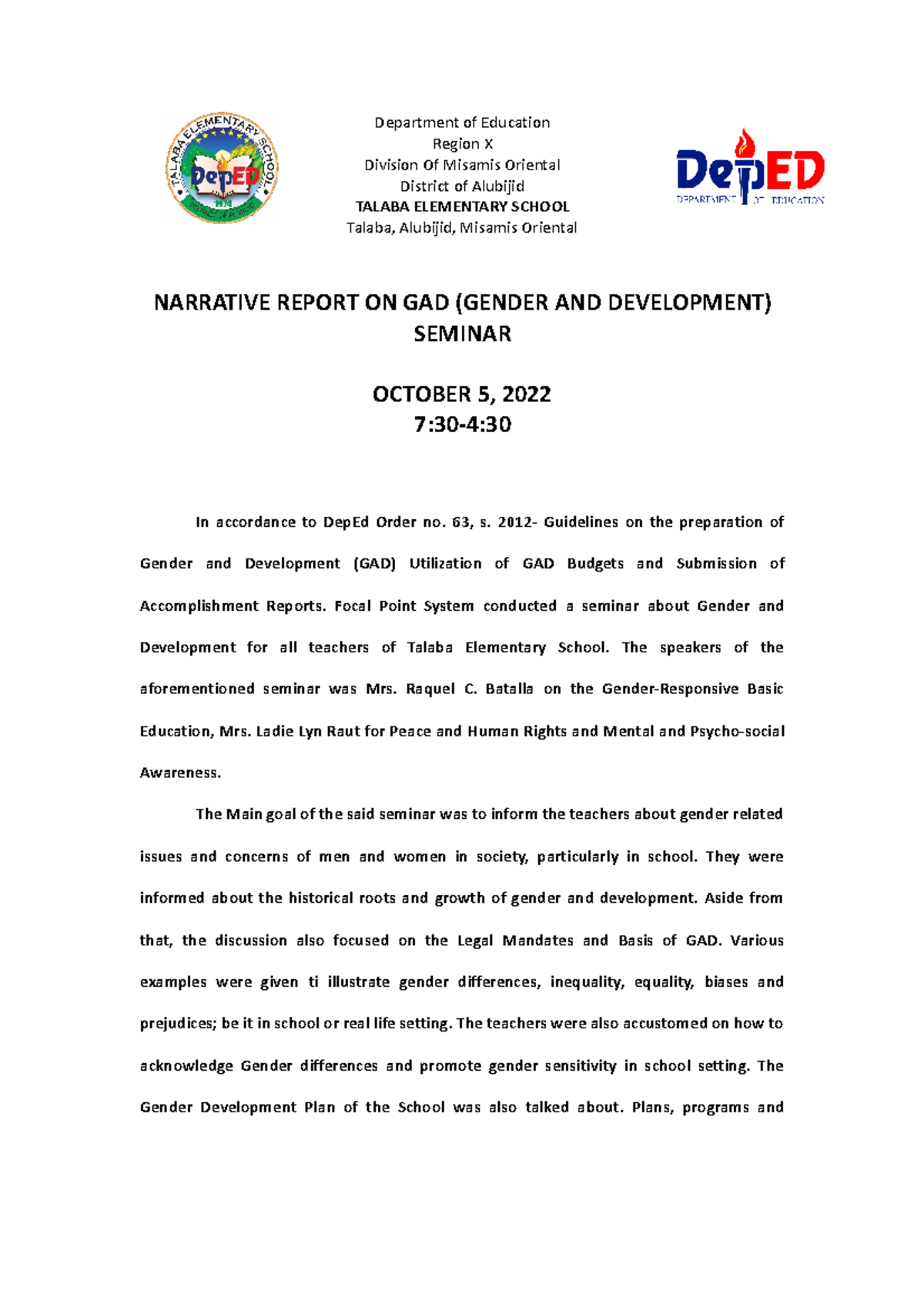 Narrative Report ON GAD Seminar - Department of EducationRegion X ...