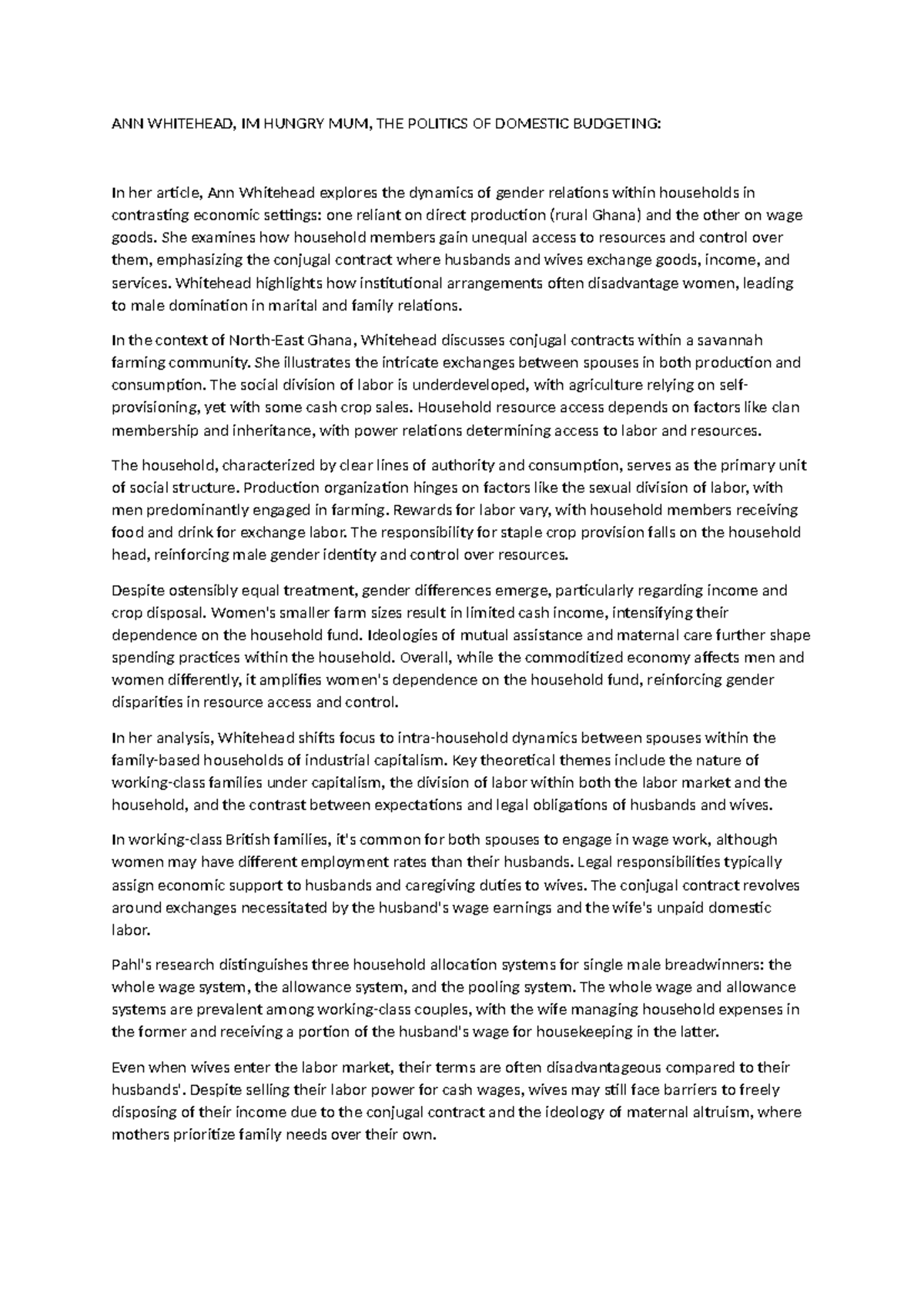 ANN Whitehead - ANN WHITEHEAD, IM HUNGRY MUM, THE POLITICS OF DOMESTIC ...