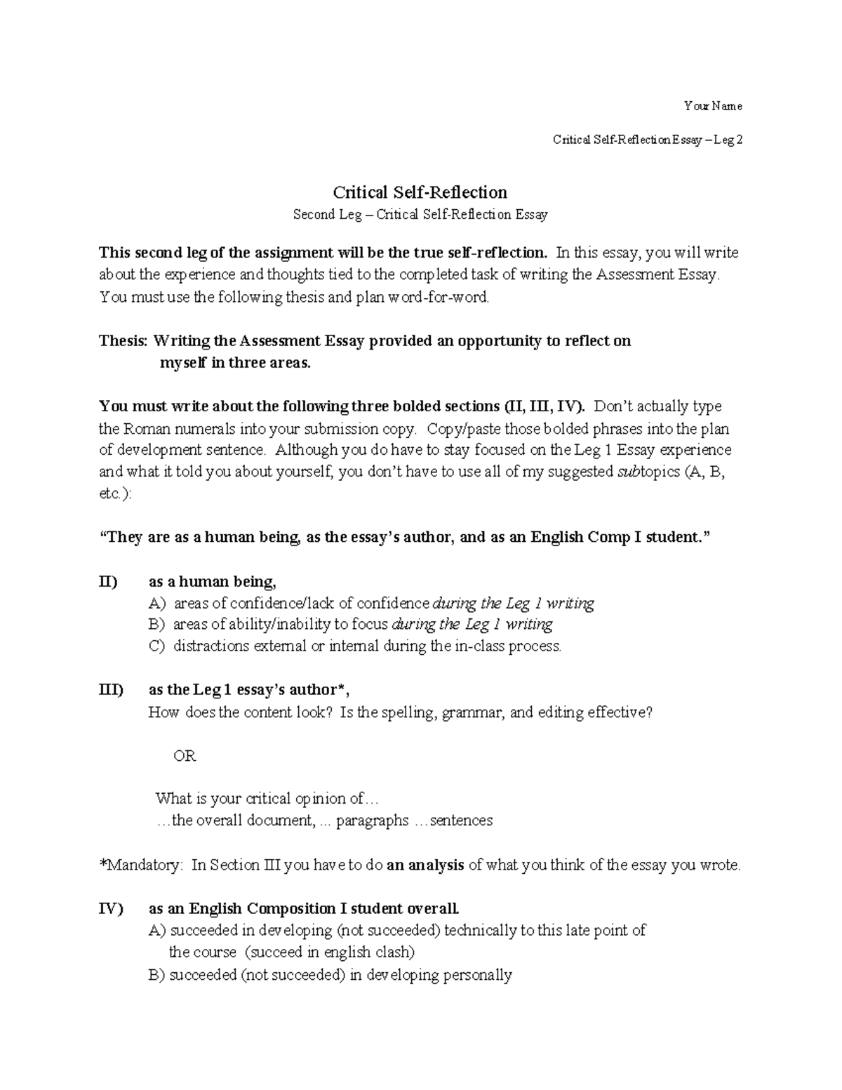 Second Leg – Critical Self-Reflection Essay - Your Name Critical Self ...