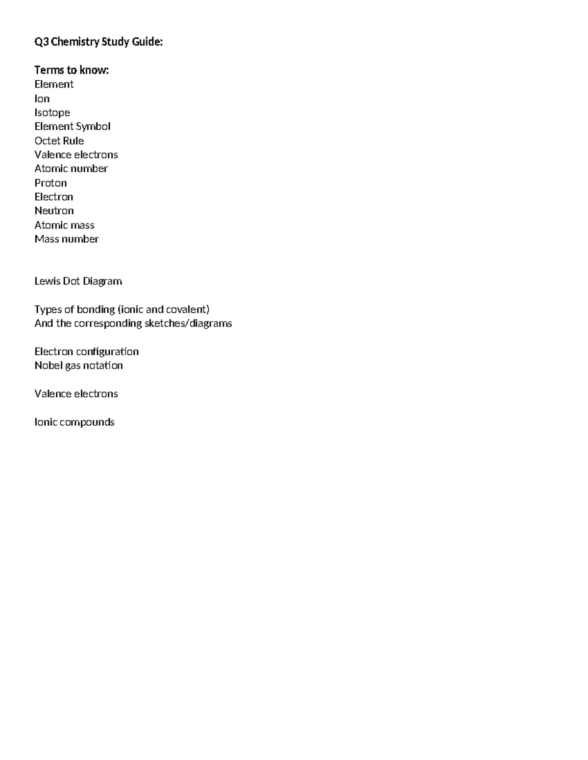 Q3 Chemistry Study Guide - Q3 Chemistry Study Guide: Terms to know: Element Ion Isotope Element ...