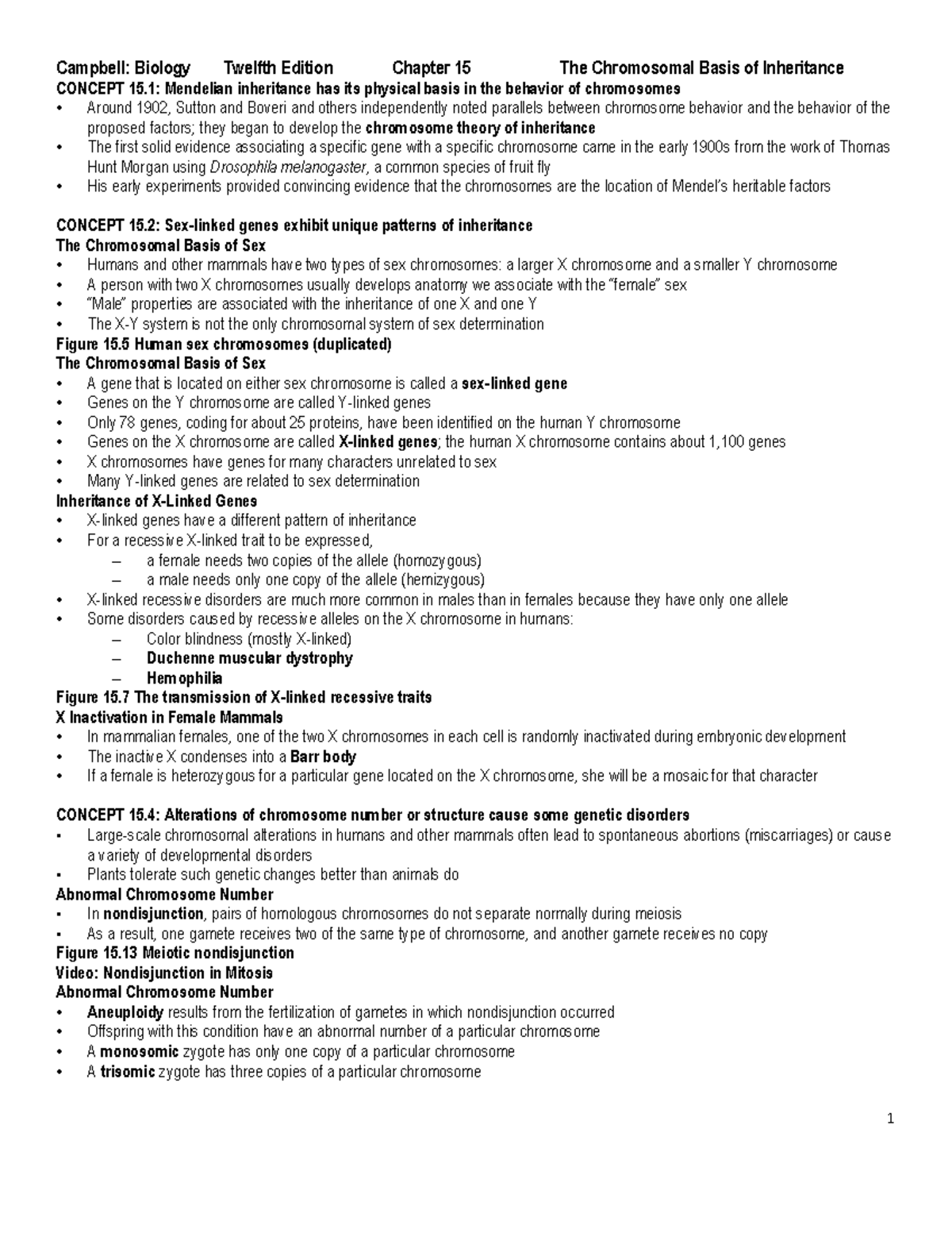Notes 15 The Chromosomal Basis of Inheritance - 1 Campbell: Biology ...