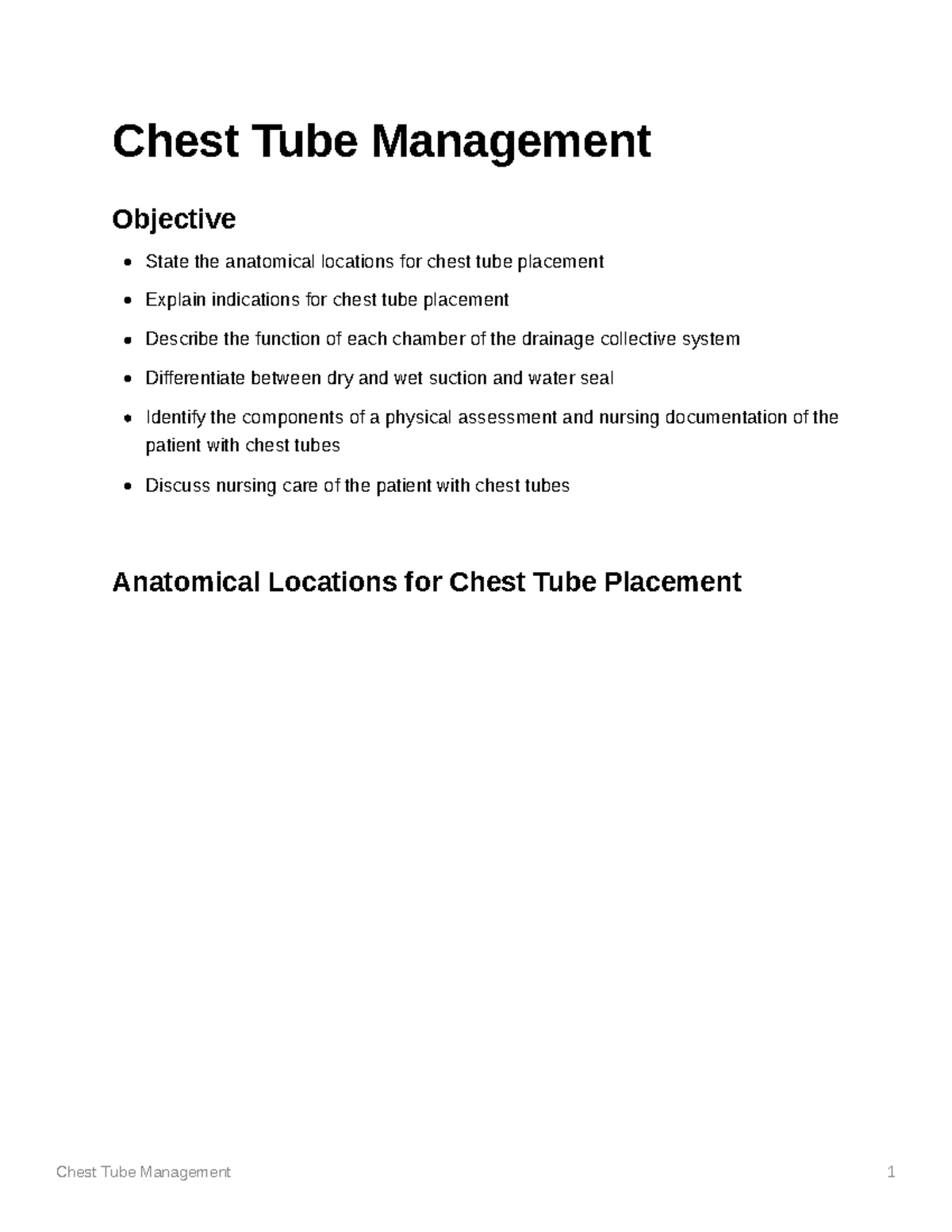 Chest Tube Management - lecture notes - Chest Tube Management Objective ...