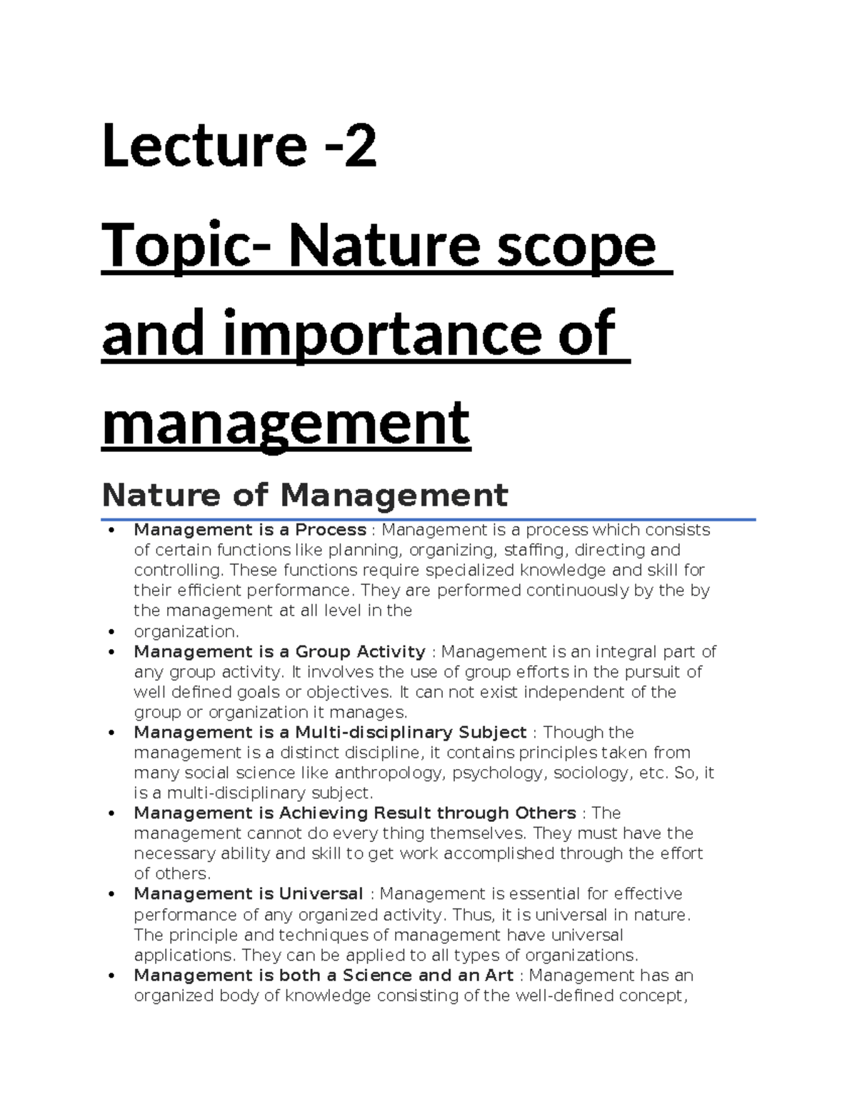 Essentials of Management Lecture 2 - Lecture - Topic- Nature scope and ...