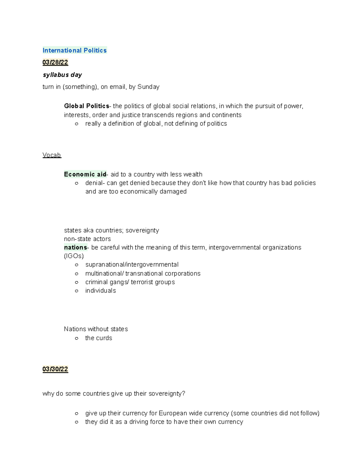 PSCI 150 - International politics class and homework notes ...