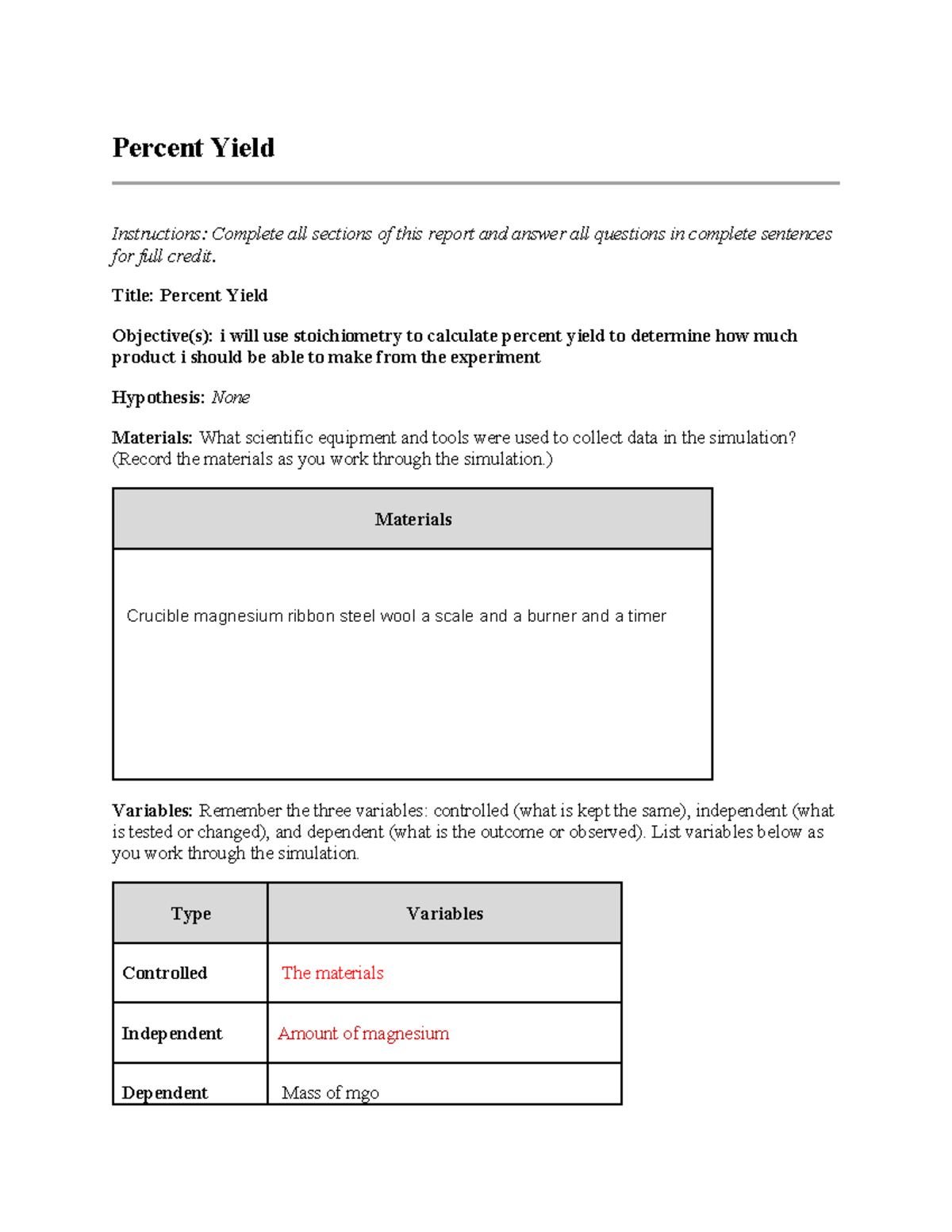 05.07 Percent Yield lab - Percent Yield Instructions: Complete all ...