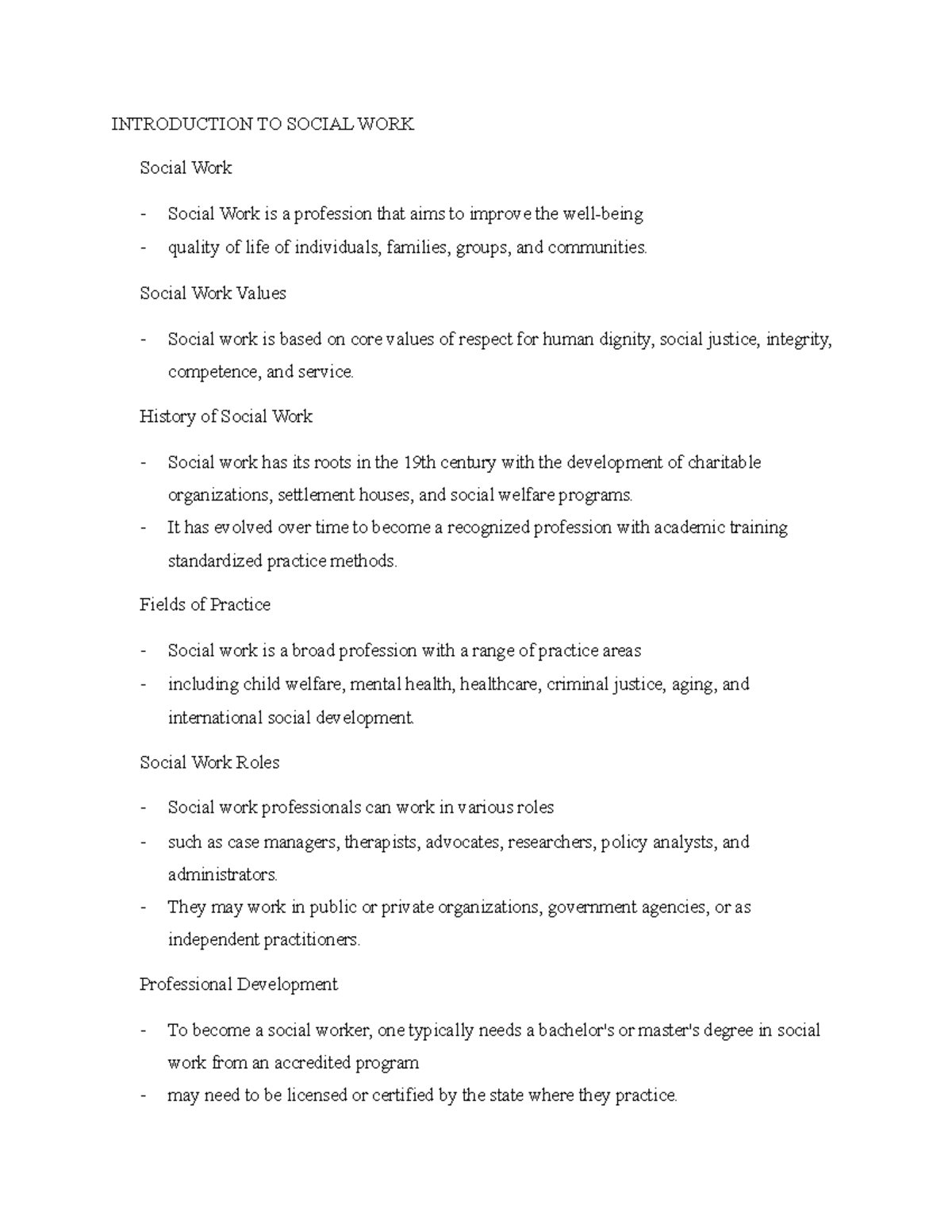 Introduction TO Social WORK Notes 1 - INTRODUCTION TO SOCIAL WORK ...