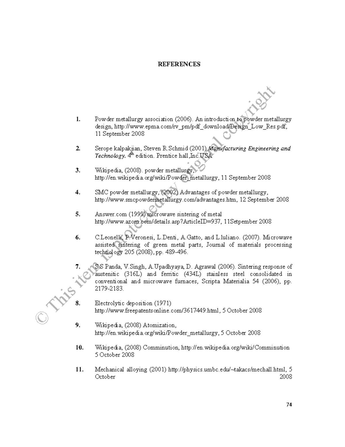 Reference and appendix - 74 REFERENCES 1. Powder metallurgy association ...