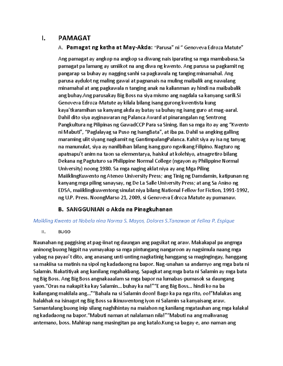 Maikling-Kwento-2 - vghgg - I. PAMAGAT A. Pamagat ng katha at May-Akda ...