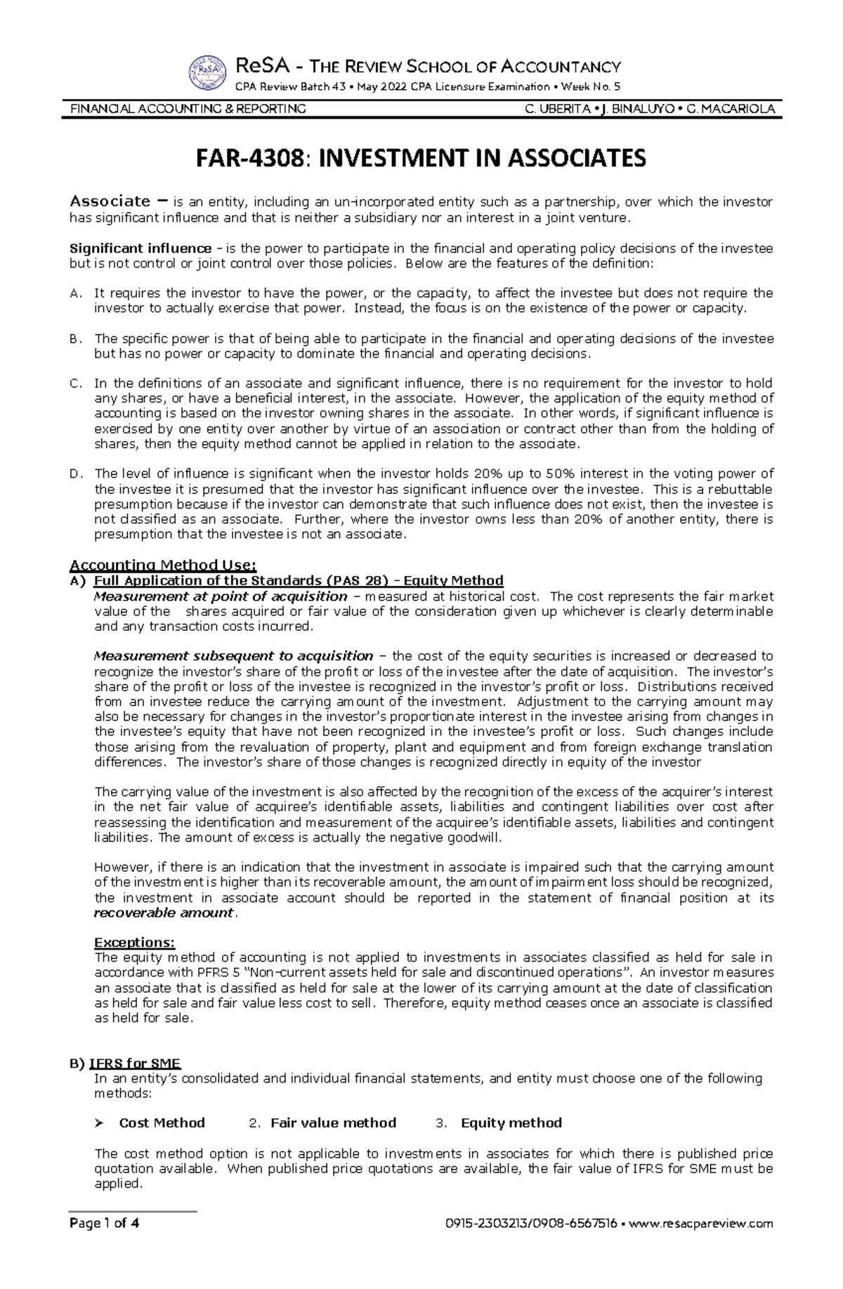 FAR 4308 Investment in Associates - ReSA - THE REVIEW SCHOOL OF ...