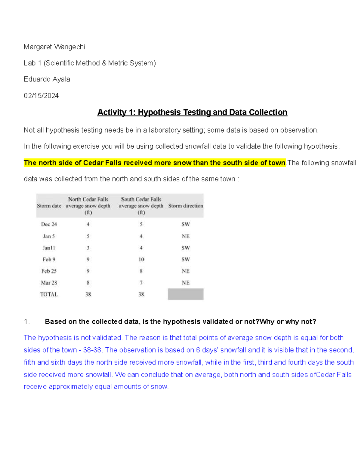 Lab 1 (Scientific Method & Metric System) - Margaret Wangechi Lab 1 ...