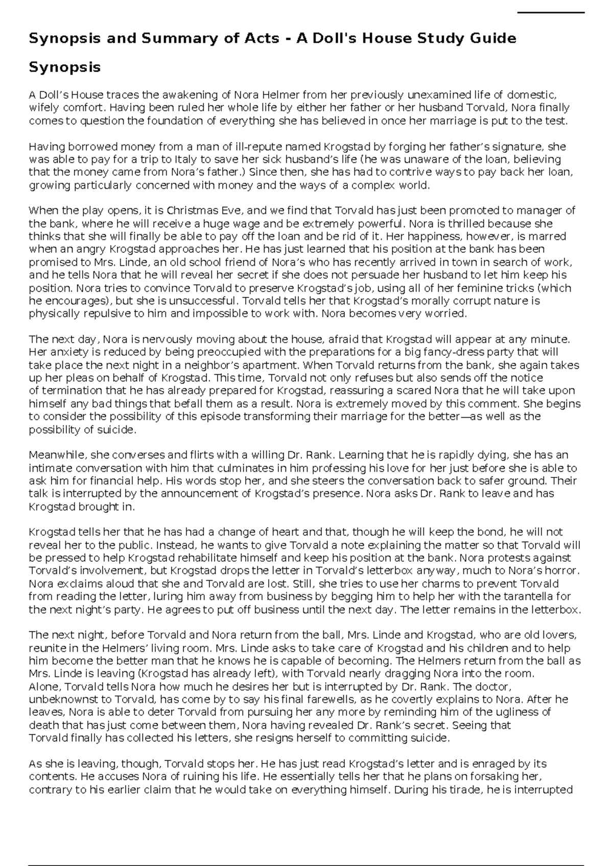 A Dolls House Setbook Guide - Synopsis and Summary of Acts - A Doll's ...