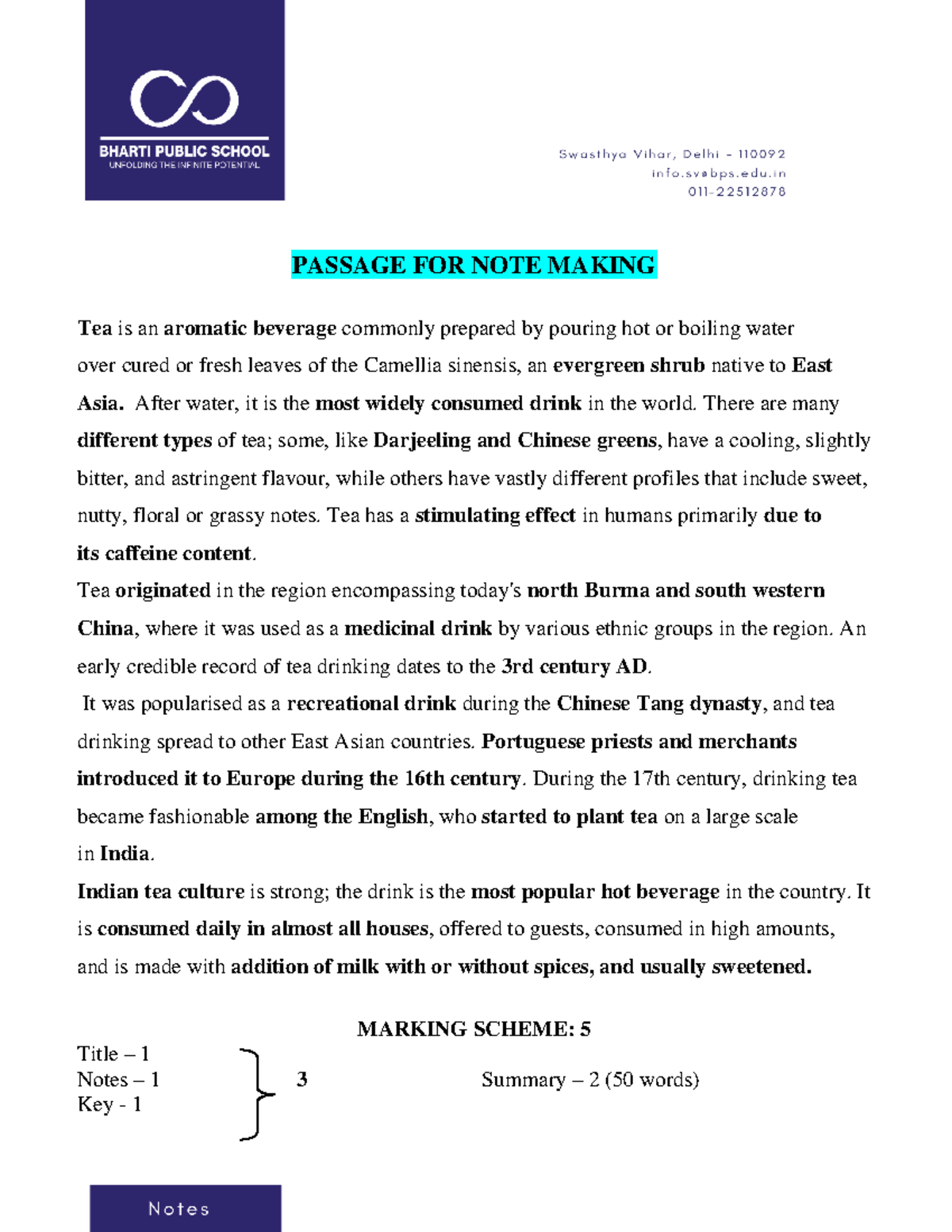 XI - NOTE Making Sample - PASSAGE FOR NOTE MAKING Tea is an aromatic beverage commonly prepared ...