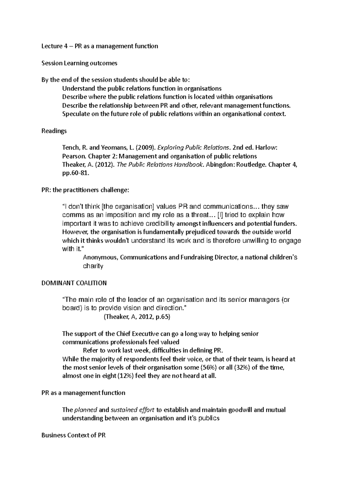 Lecture 4 – PR as a management function - Lecture 4 – PR as a ...