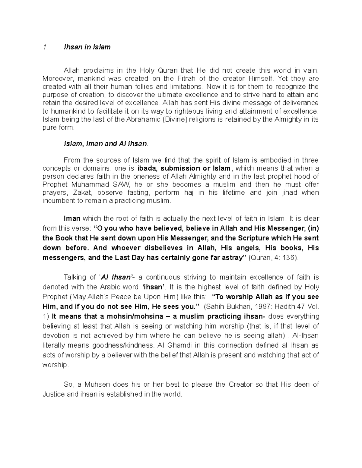 Ihsan in Islam - none - 1. Ihsan in Islam Allah proclaims in the Holy ...