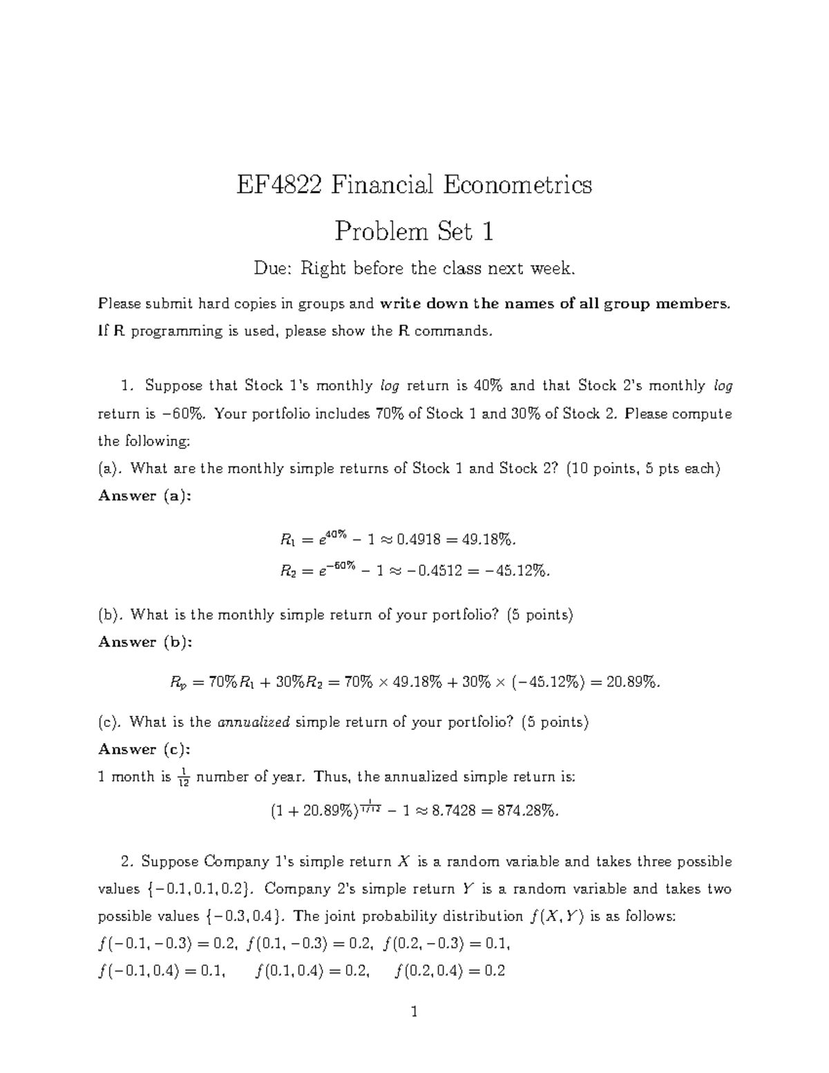 PS1 Solution - EF4822 Financial Econometrics Problem Set 1 Due: Right before the class next week ...