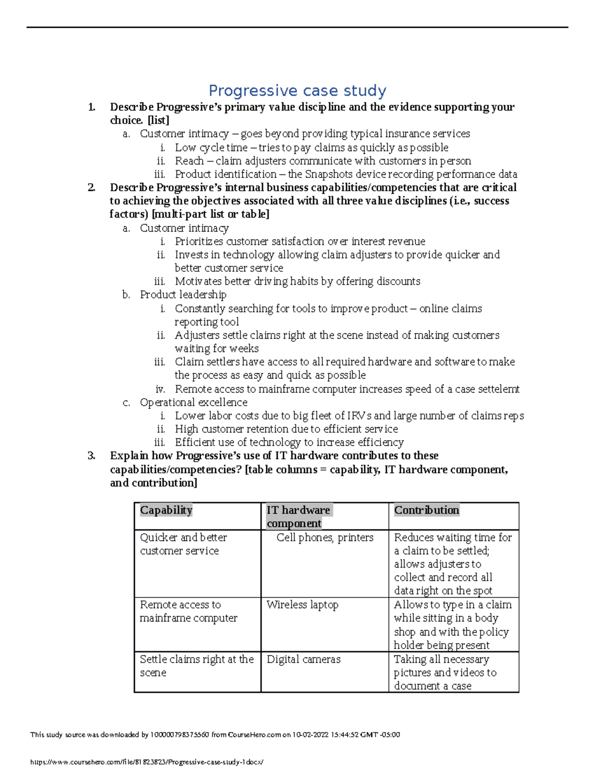 Progressive case study 1 - Describe Progressive’s primary value ...