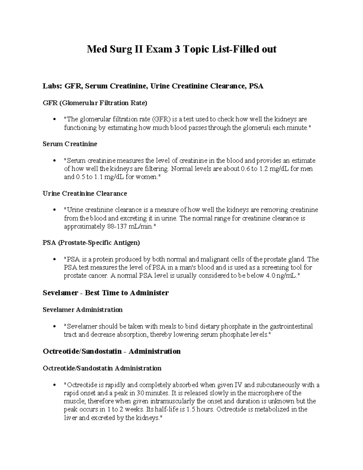 Med Surg II Exam 3 Topic List-Filled out - " Serum Creatinine "Serum ...