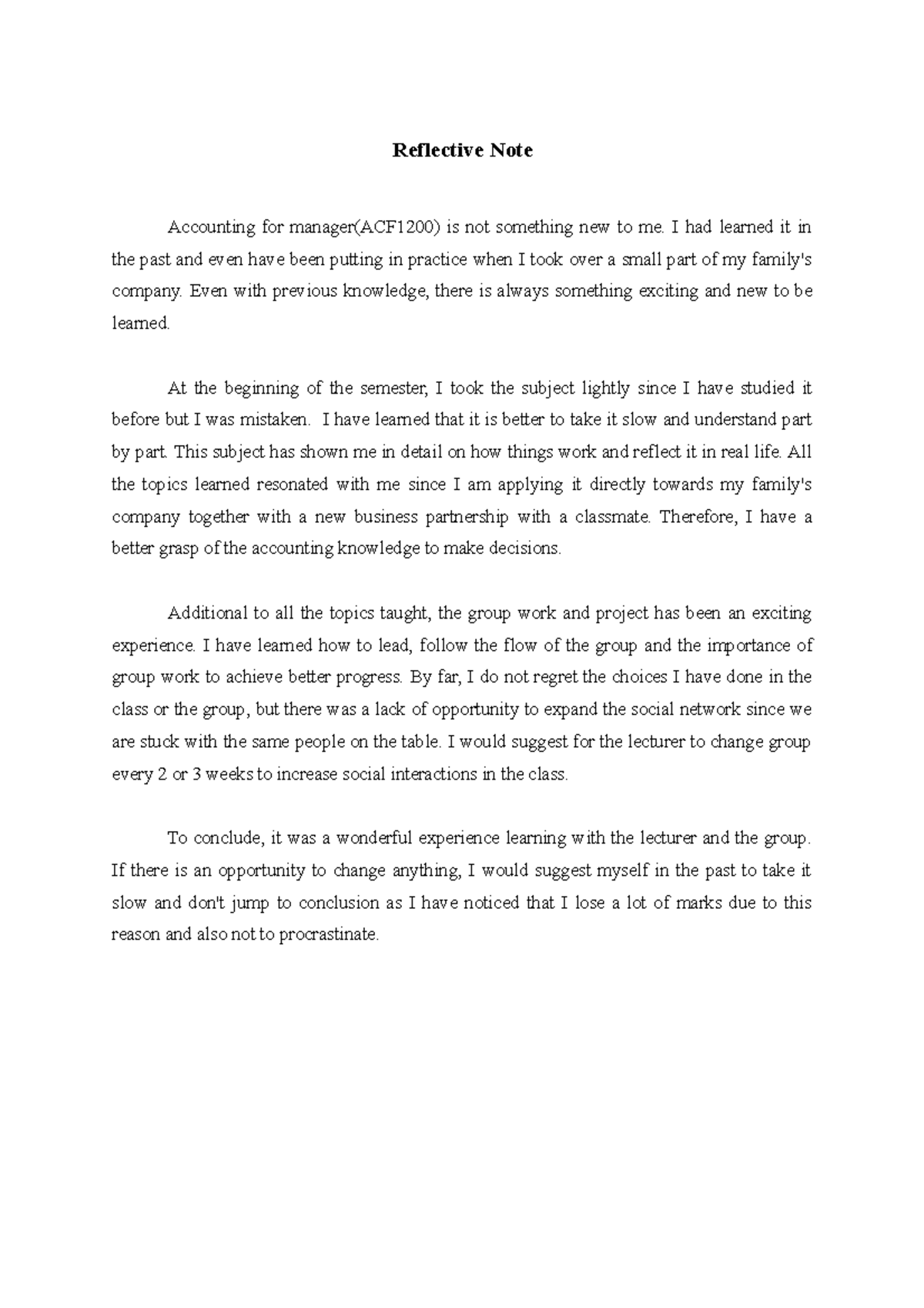 Reflective Note - Refletive essaya - Reflective Note Accounting for ...
