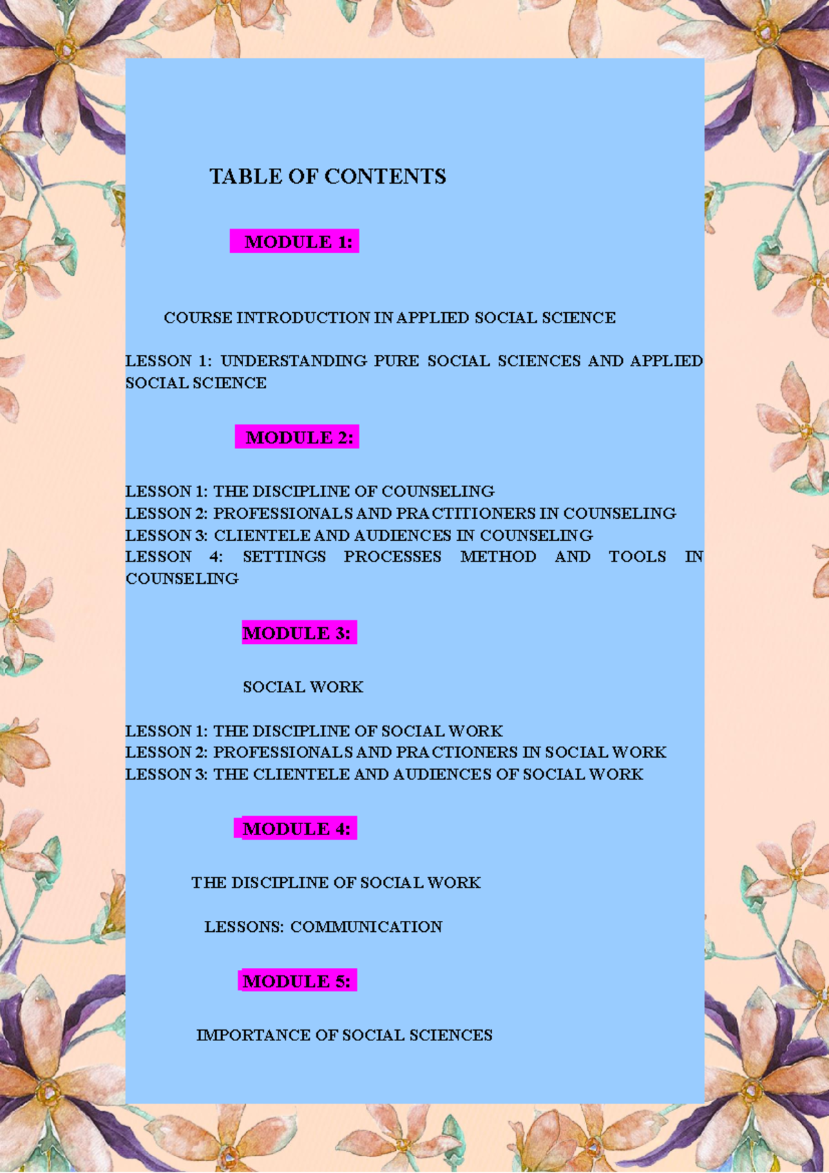 Fresh Flower Letter-WPS Office - TABLE OF CONTENTS MODULE 1: COURSE ...