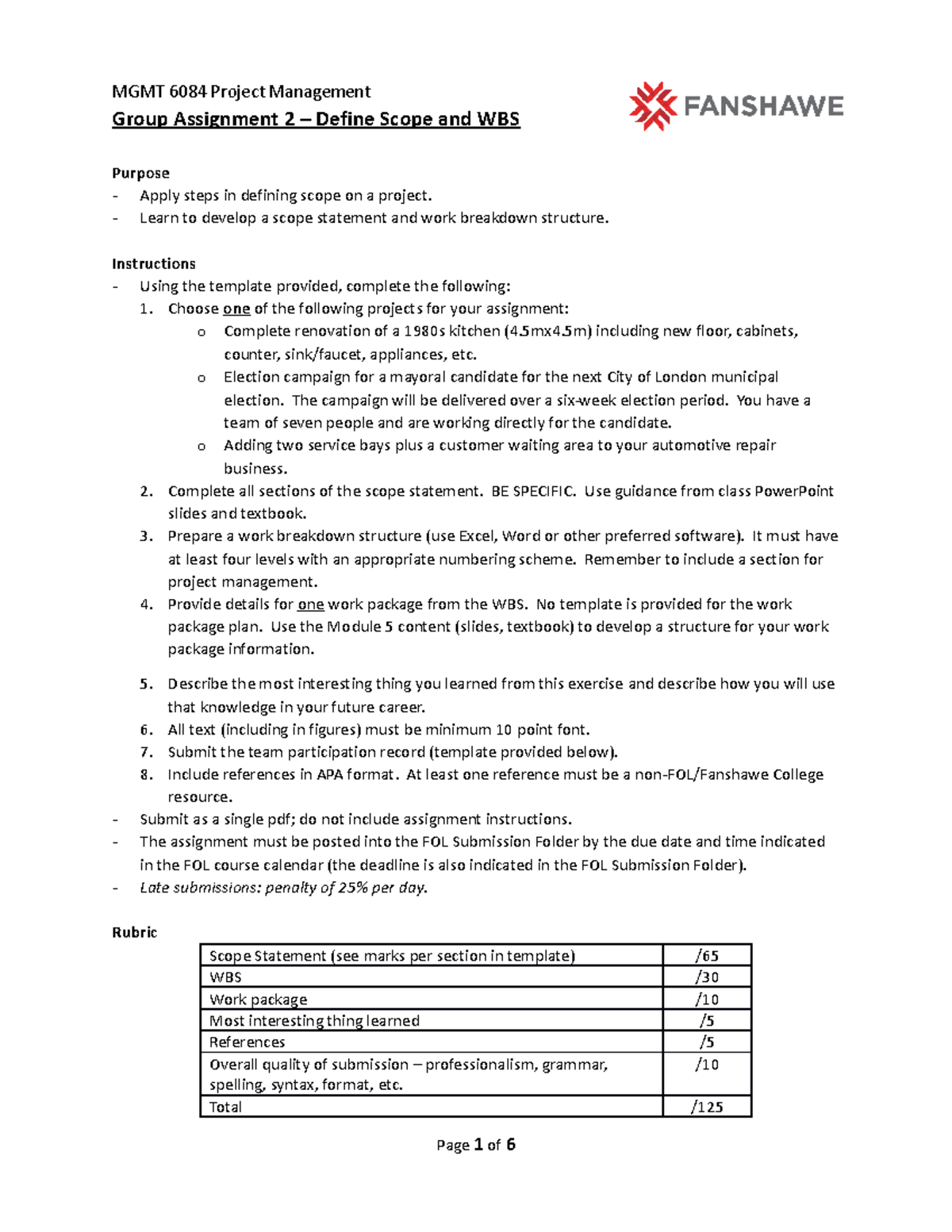 Group Assignment 2 - Define Scope and WBS - MGMT 6084 Project Management Group Assignment 2 ...