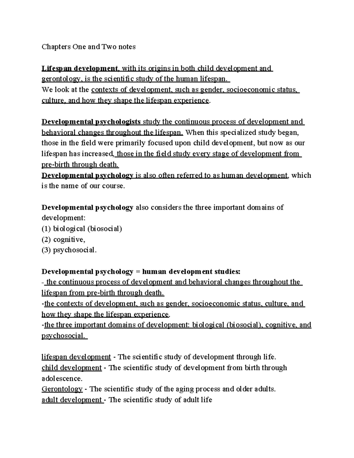 Human Development Text Notes chapters one and two - Chapters One and ...