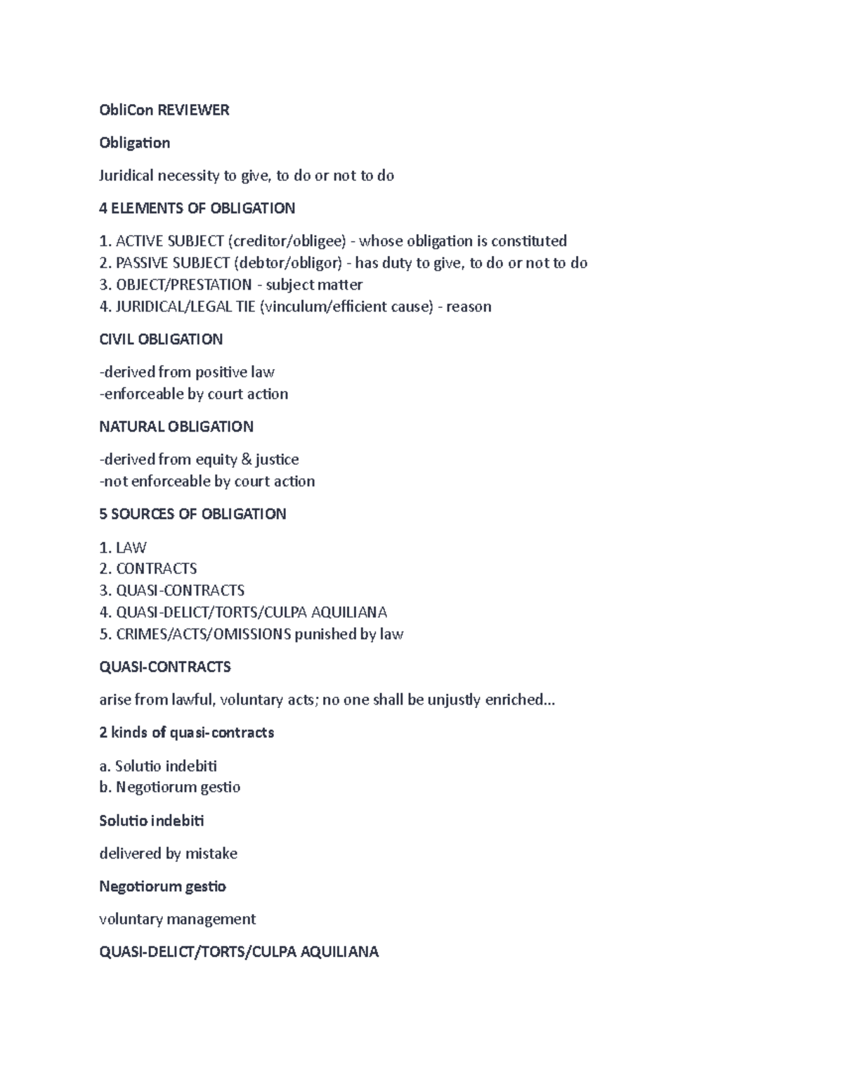 Obli Con Reviewer - ObliCon REVIEWER Obligation Juridical necessity to ...