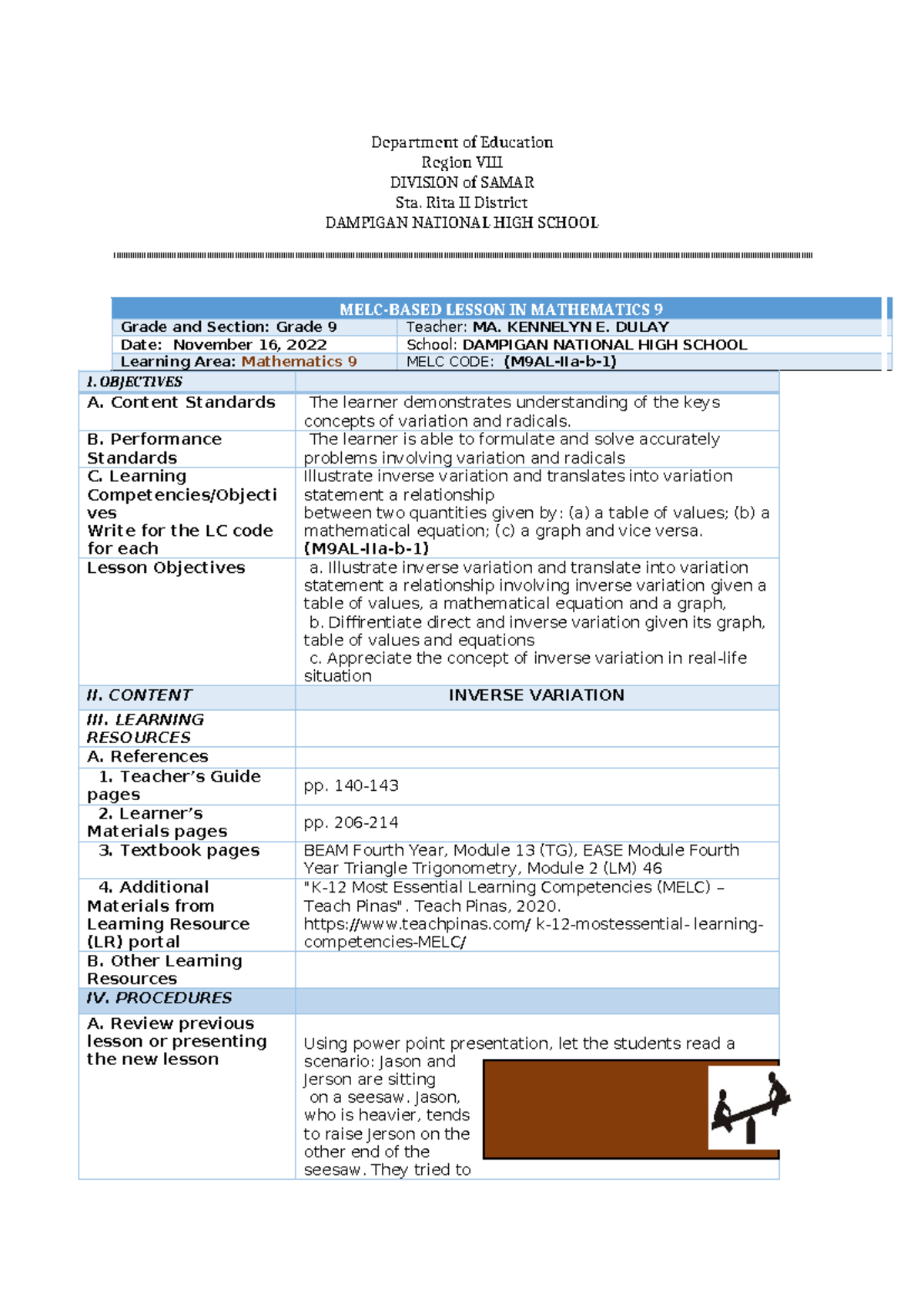 COT IN MATH 9 - Department of Education Region VIII DIVISION of SAMAR ...