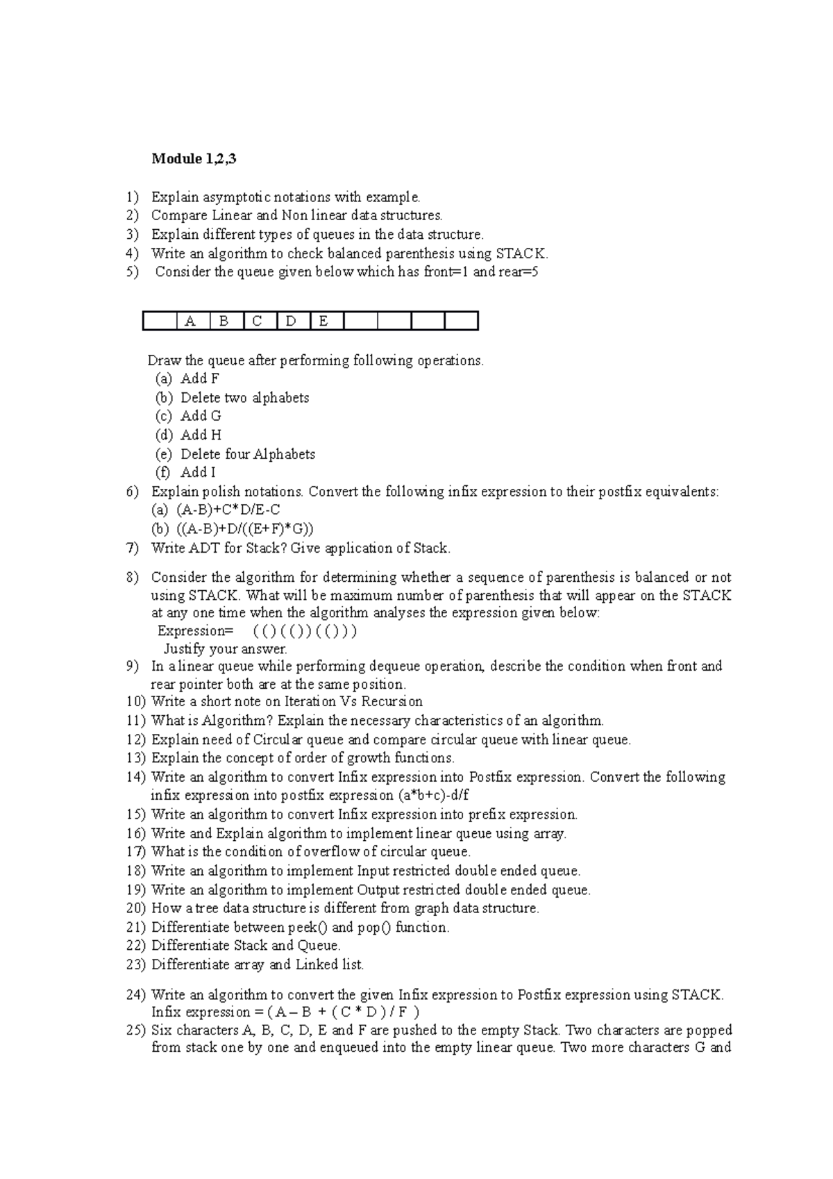 Practice questions for DSA - Module 1,2, Explain asymptotic notations with example. Compare ...
