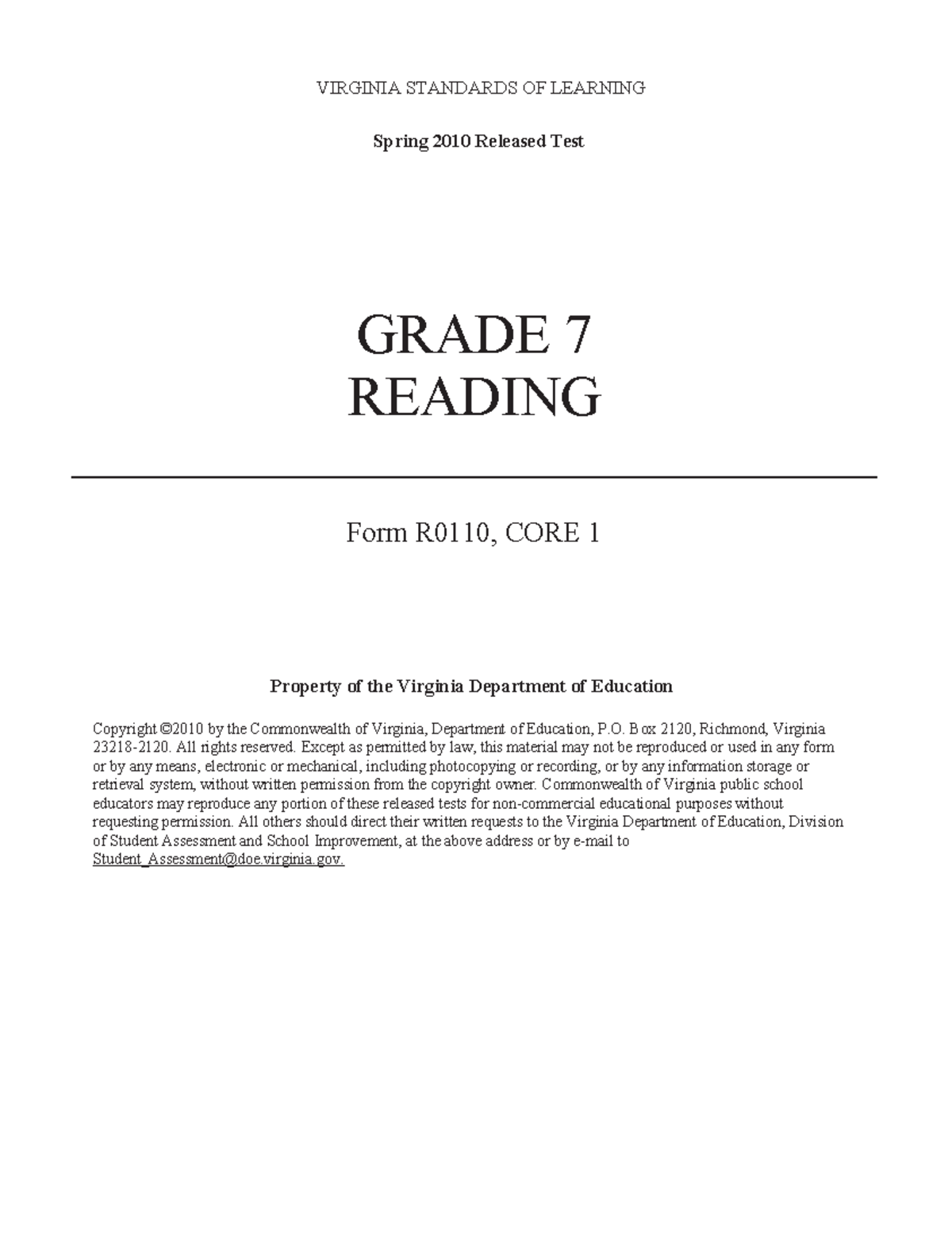 7Reading SOL 2010 - Reading - VIRGINIA STANDARDS OF LEARNING Spring ...