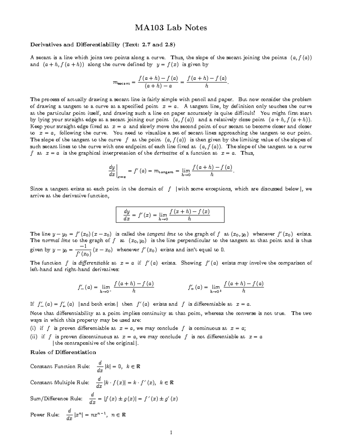 lab prepare note 3 - MA103 Lab Notes Derivatives and Differentiability ...