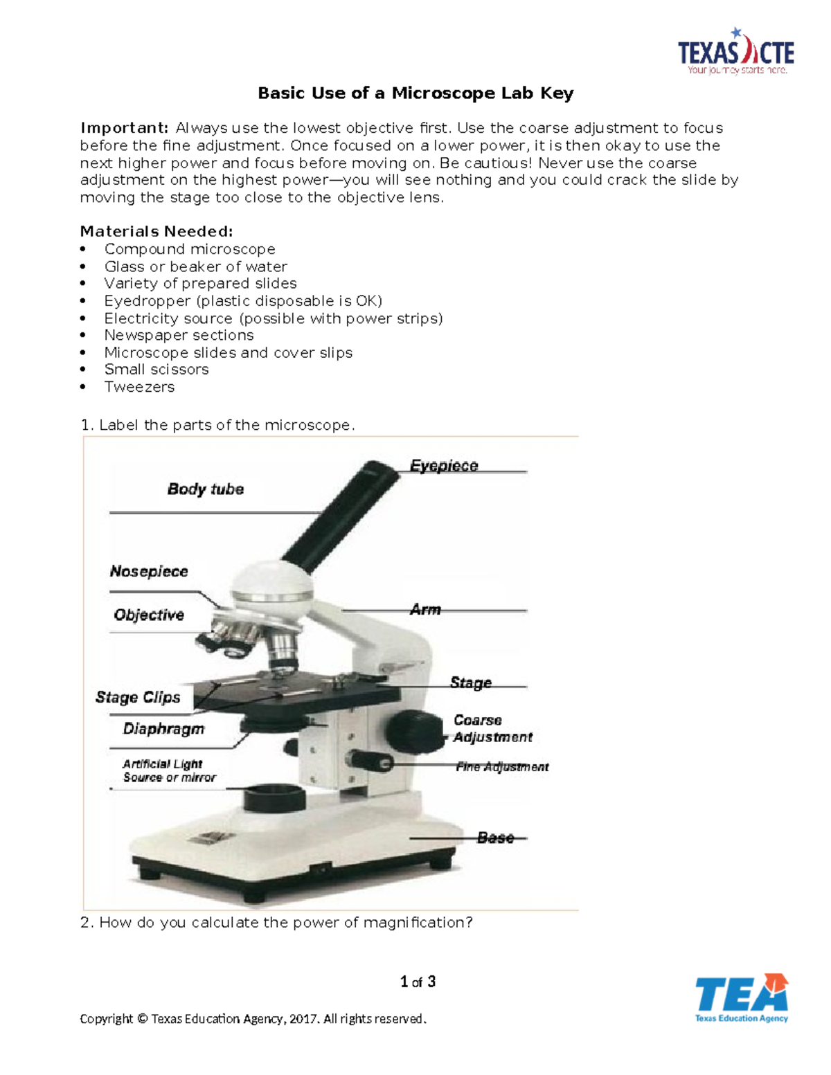 Lab Key-Basic Use of a Microscope 0 - Basic Use of a Microscope Lab Key ...