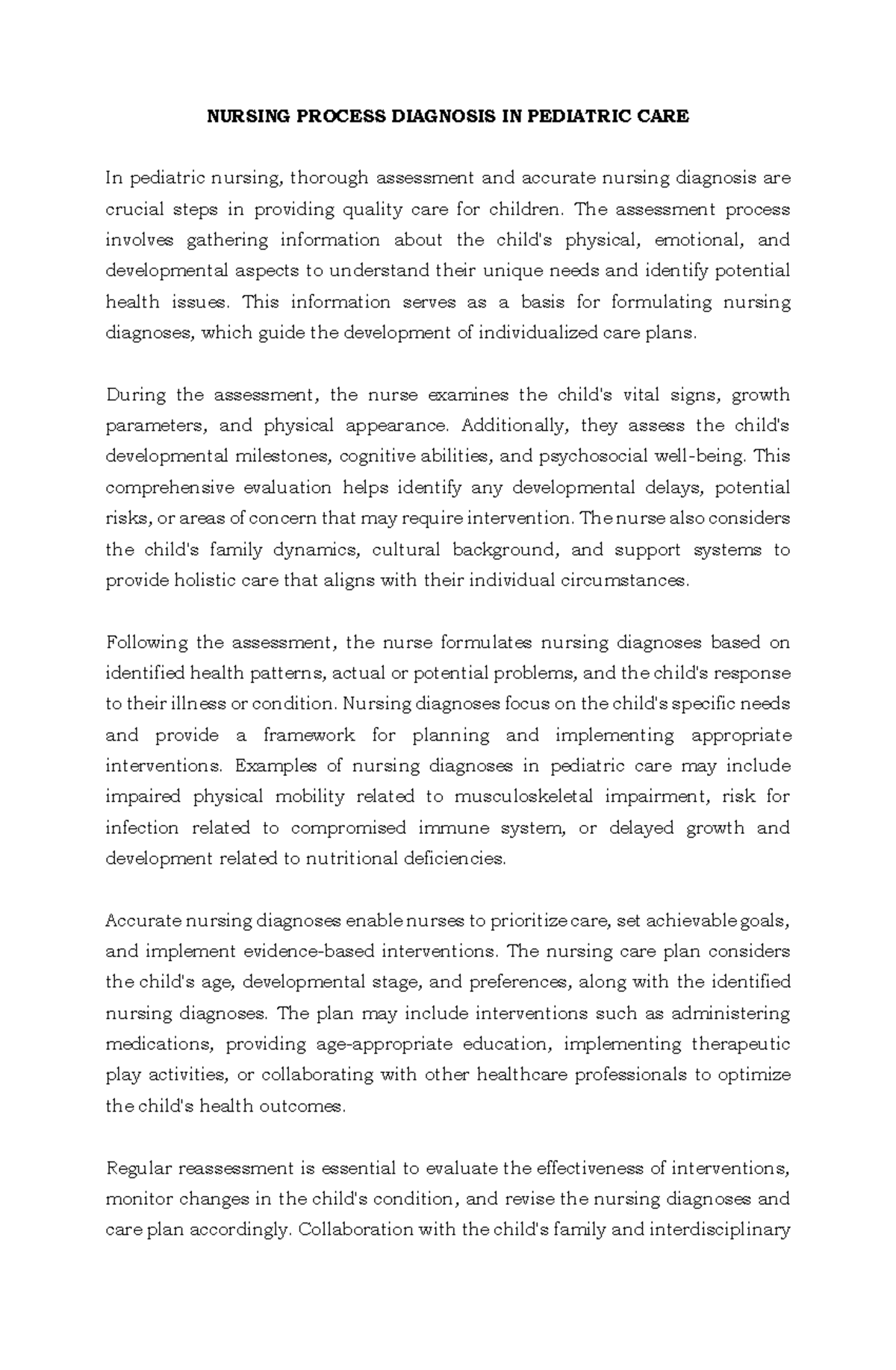 Nursing Process Diagnosis IN Pediatric CARE - NURSING PROCESS DIAGNOSIS ...