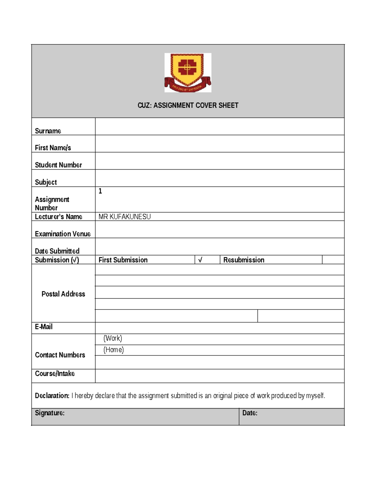 QAB Assignment kole - CUZ: ASSIGNMENT COVER SHEET Surname First Name/s ...