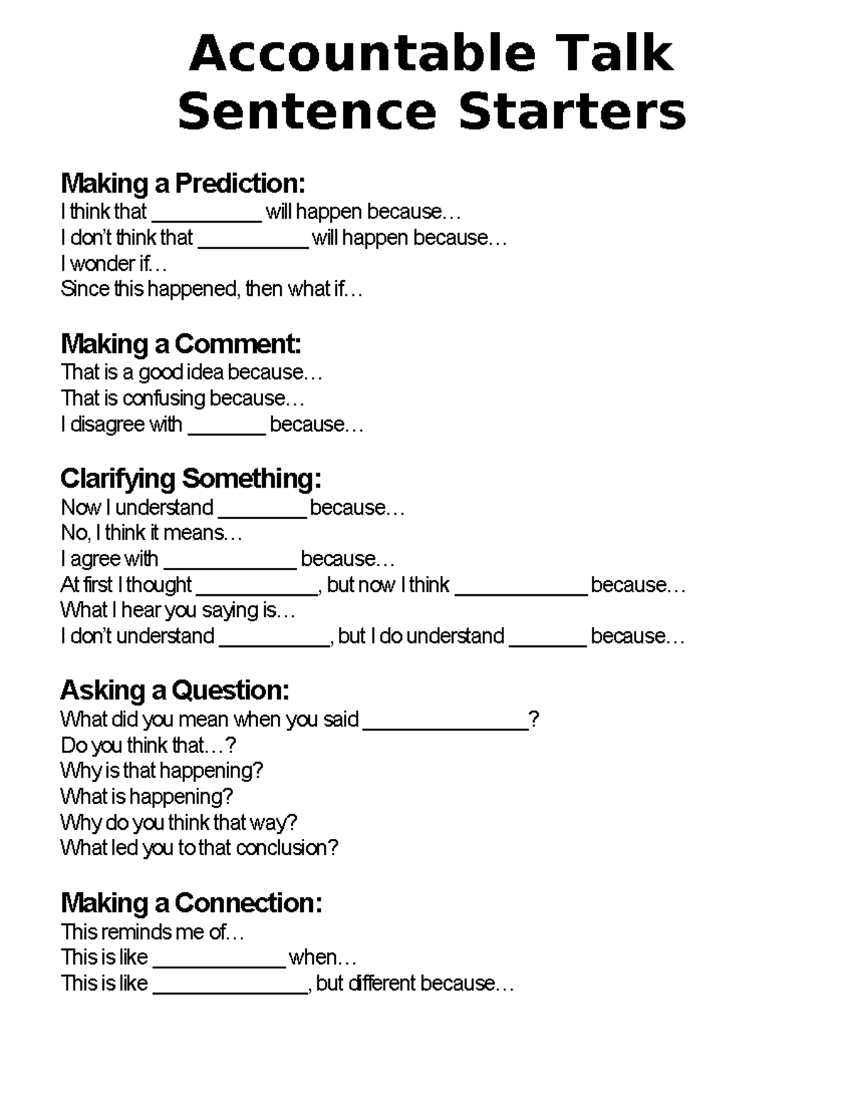 Accountable sentence starters - Accountable Talk Sentence Starters ...