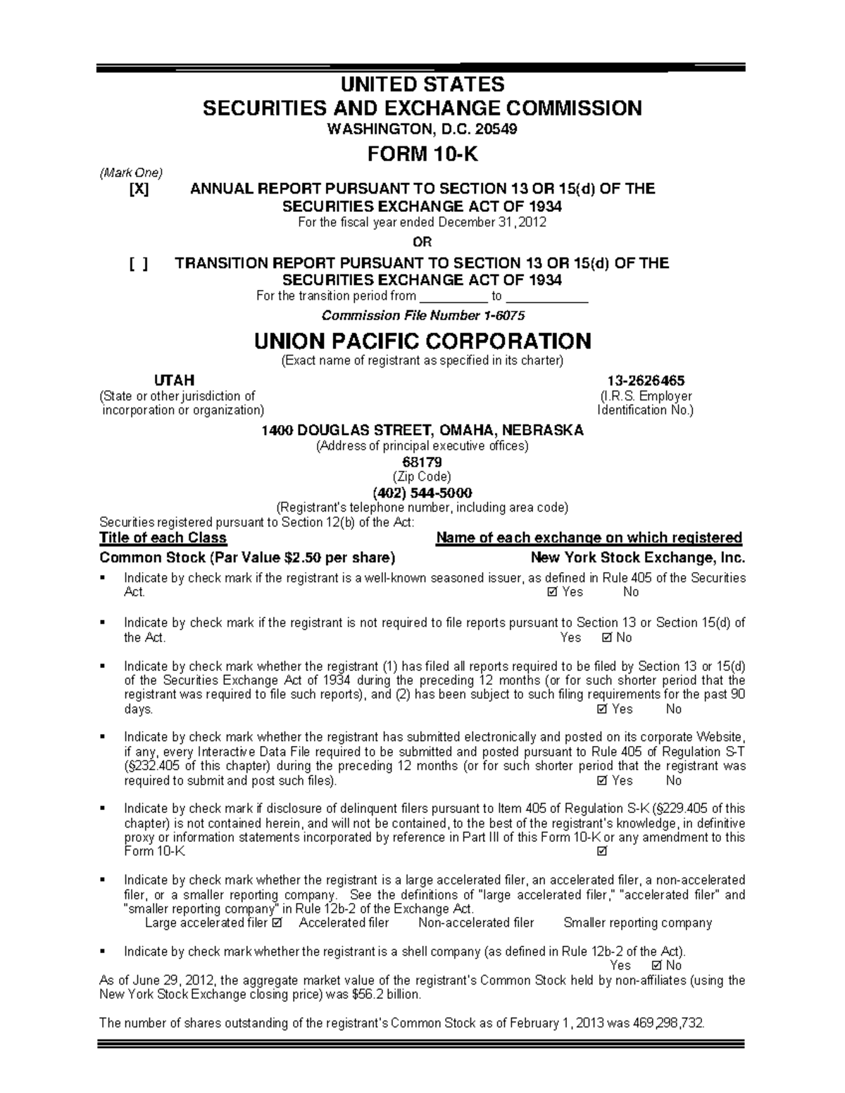 2012 FORM-10K - Union Pacific Corporation - UNITED STATES SECURITIES ...