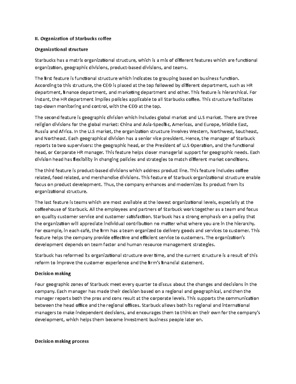 Mana- starbucks - Starbuck organization structure - II. Organization of ...
