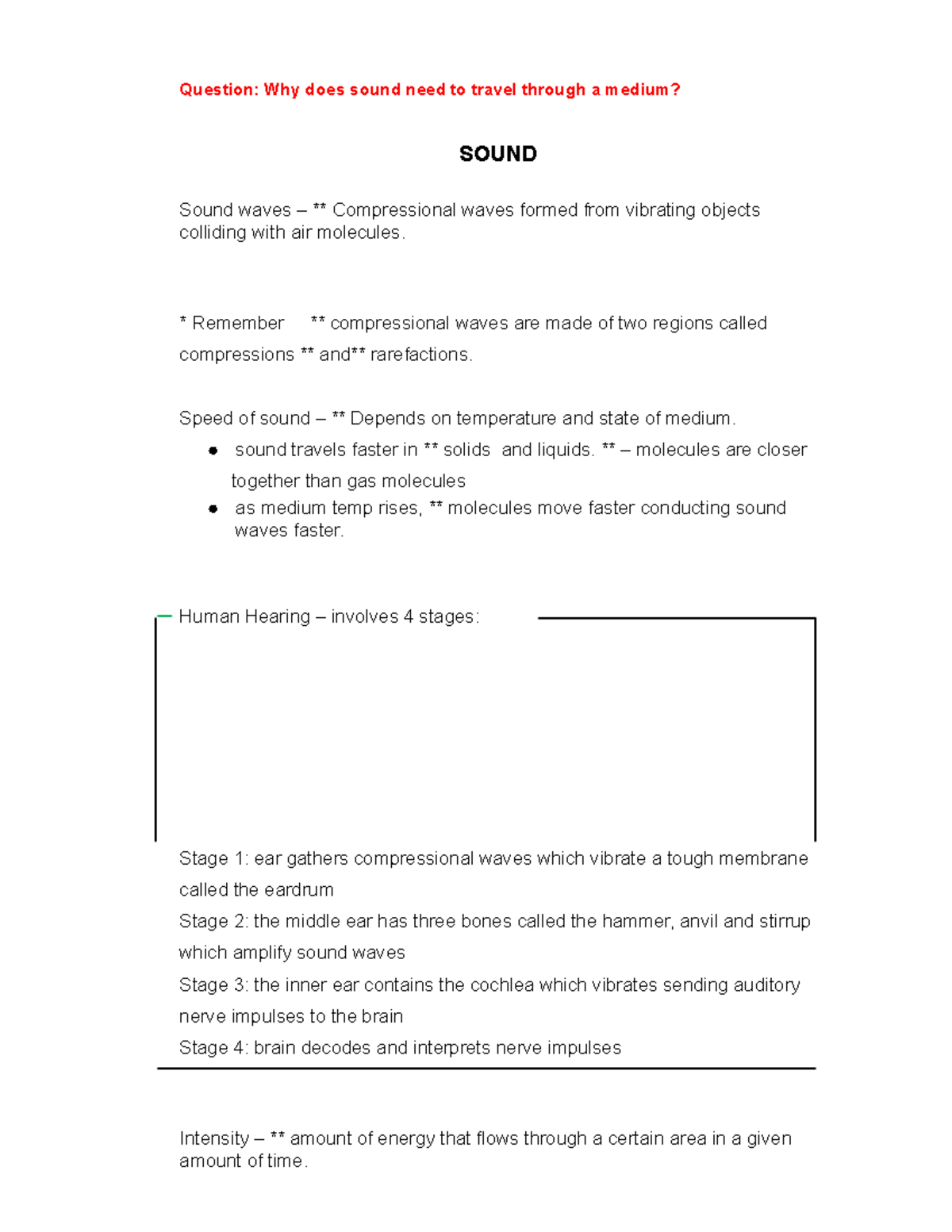 Sound Waves Student Notes - Question: Why does sound need to travel ...