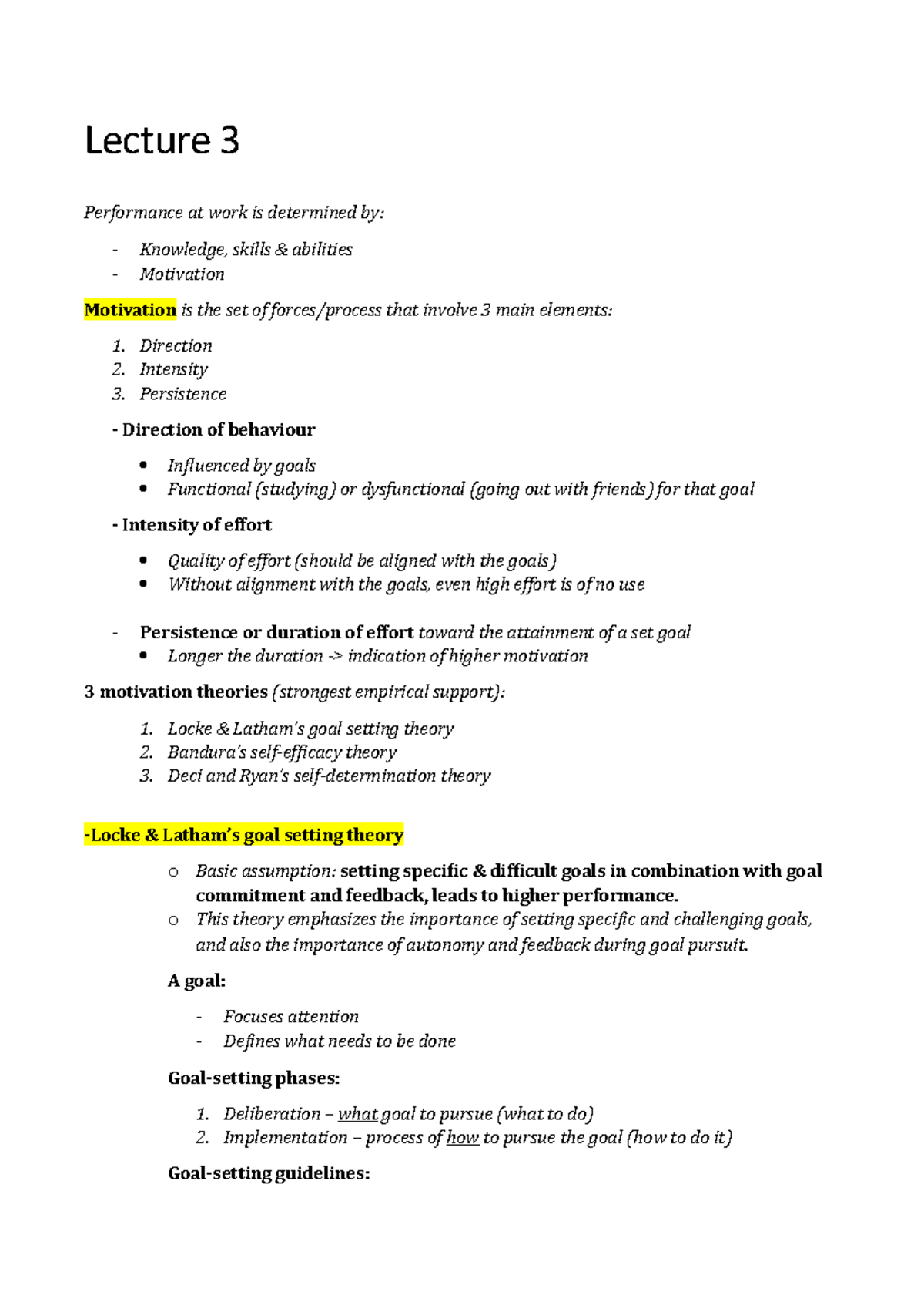 Class 3 lecture notes - Lecture 3 Performance at work is determined by ...