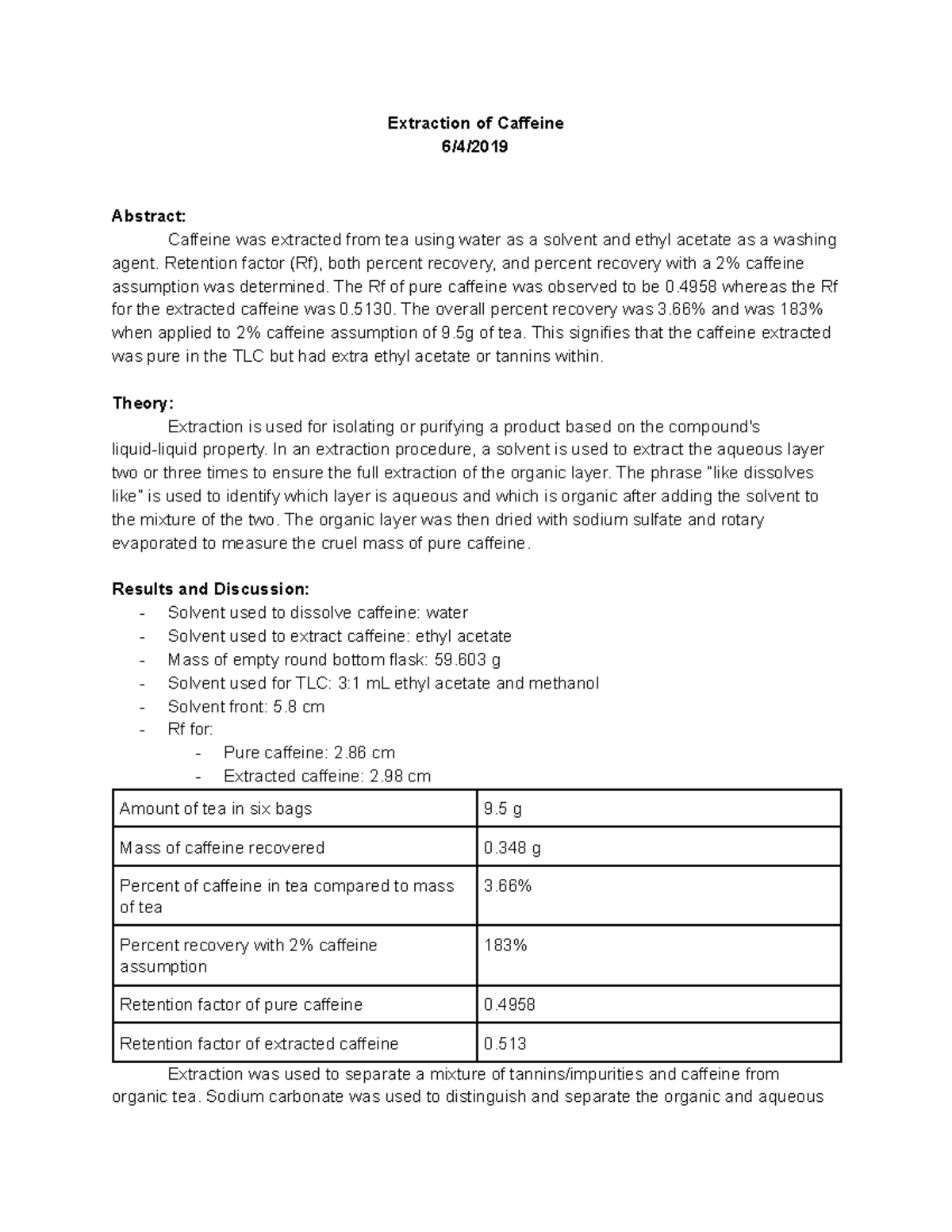 Organic Chemsitry Lab 6 - Extraction of Caffeine 6/4/ Abstract ...