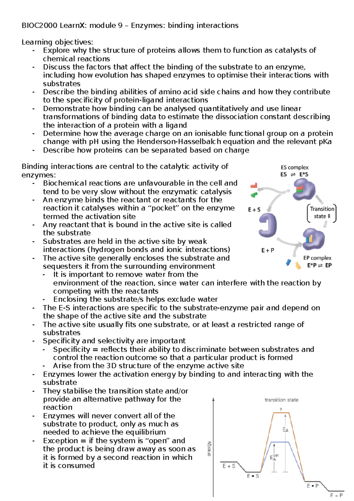 BIOC2000 Learn X - module 9 - BIOC2000 LearnX: module 9 – Enzymes: binding interactions Learning ...
