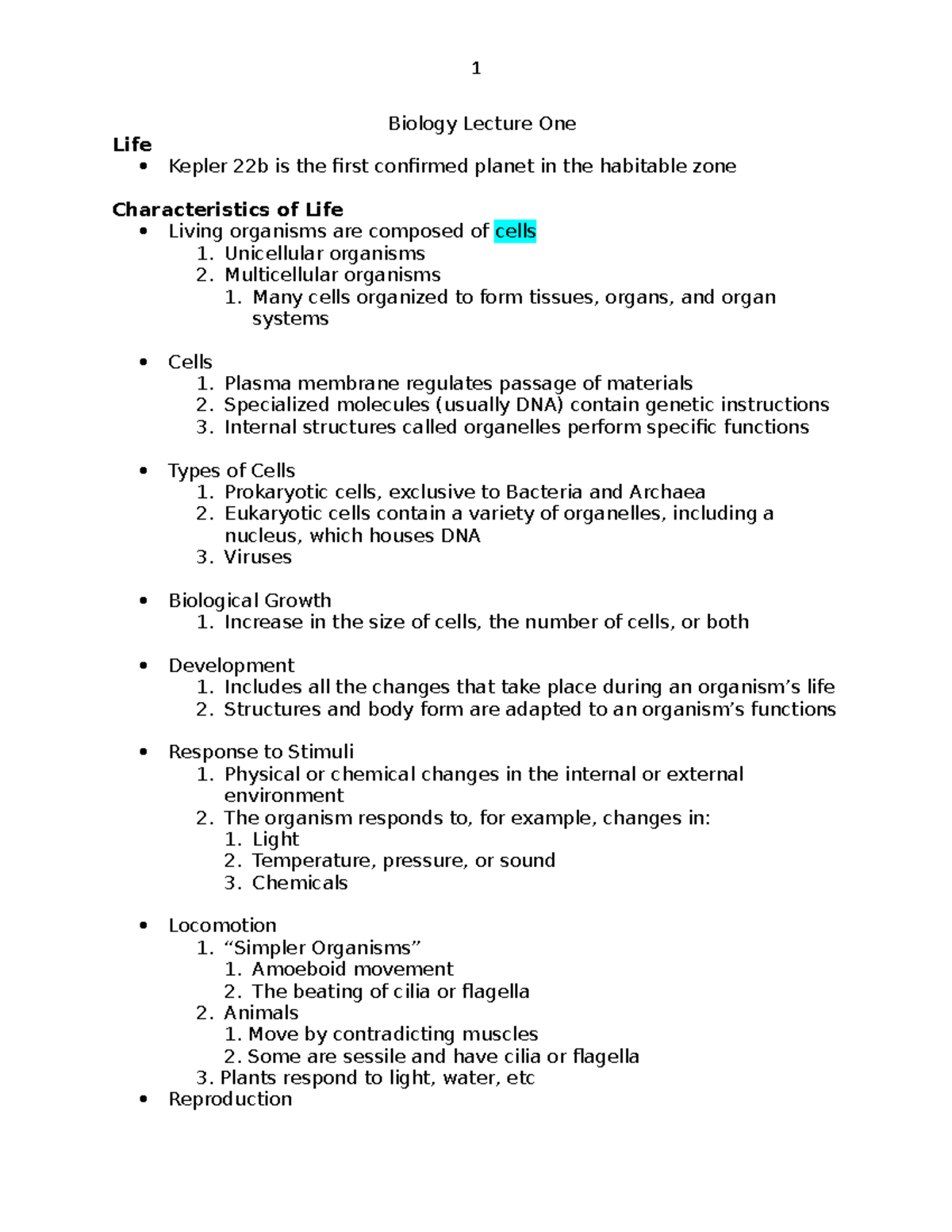 Biology Lecture One - Bio notes one - Biology Lecture One Life Kepler ...