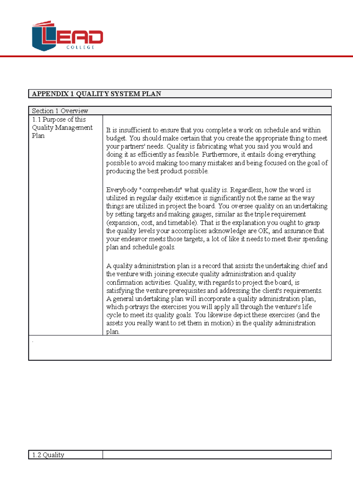 Appendix 1 Quality System PLAN (1) (1) - APPENDIX 1 QUALITY SYSTEM PLAN ...