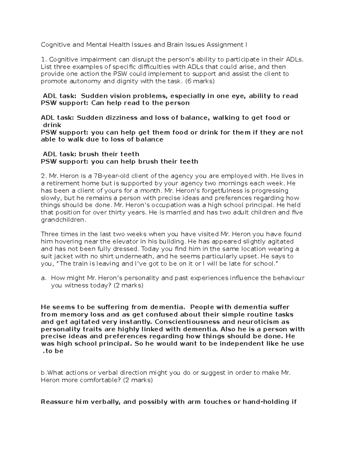 Assignment I - Cognitive and Mental Health Issues and Brain Issues ...