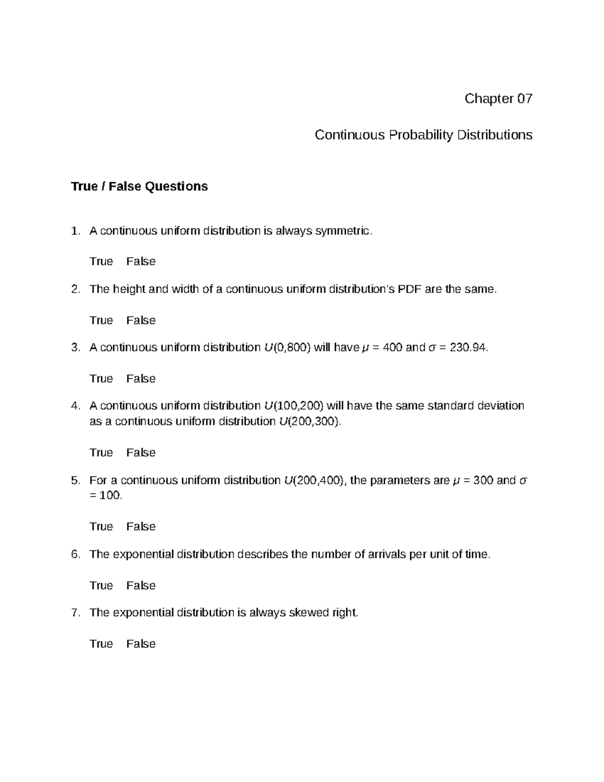 SB Test Bank Chapter 7 - note - Chapter 07 Continuous Probability ...