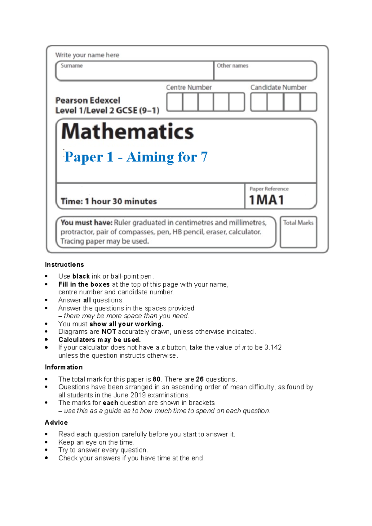 3a - Paper 1 Calculator Aiming for Grade 7 Question Paper ...