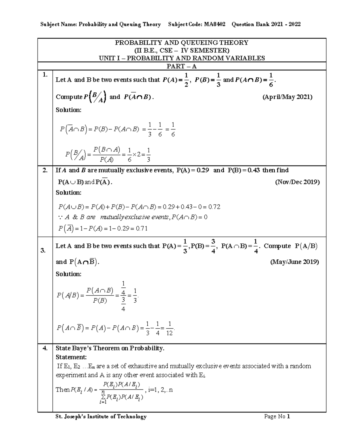 PQT QB 2021 2022 with Answers - PROBABILITY AND QUEUEING THEORY (II B., CSE – IV SEMESTER) UNIT ...