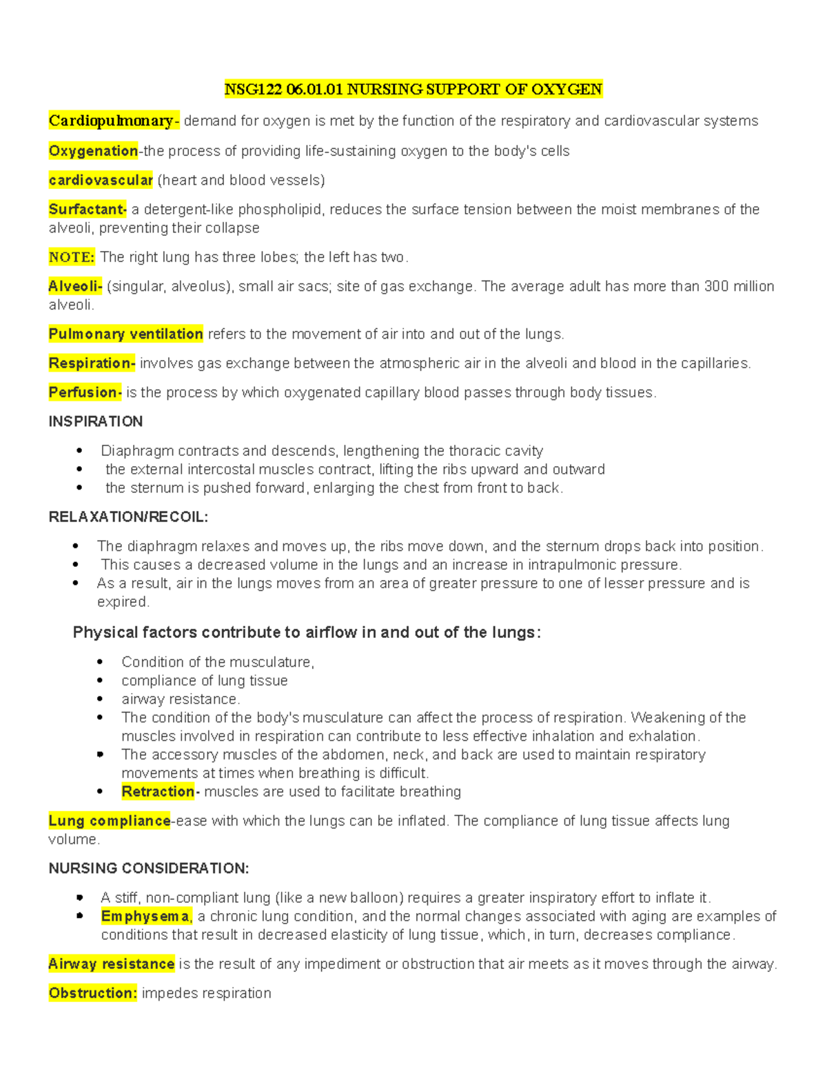 Module 6 Oxygenation - Week 4 Lecture exam notes - NSG122 06.01 NURSING ...
