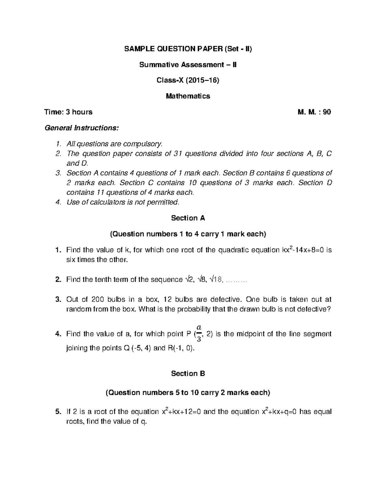 Math class 10 past paper with answers - SAMPLE QUESTION PAPER (Set - II ...