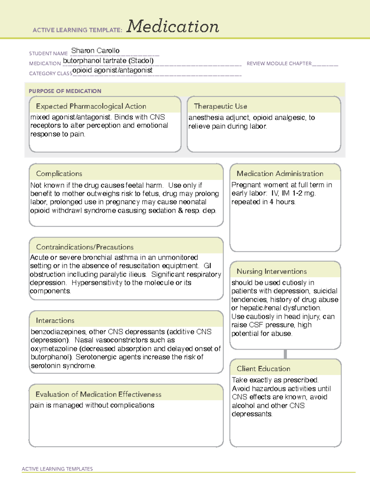 Butorphanol tartrate - ALT - ACTIVE LEARNING TEMPLATES Medication ...