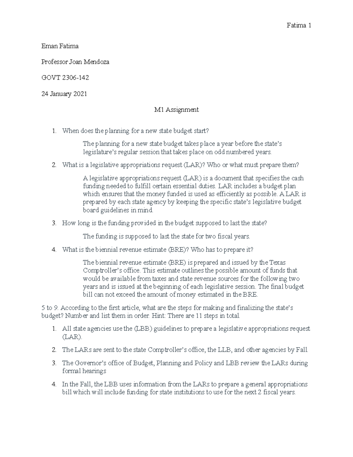 Government M1 Assignment - Fatima 1 Eman Fatima Professor Joan Mendoza ...